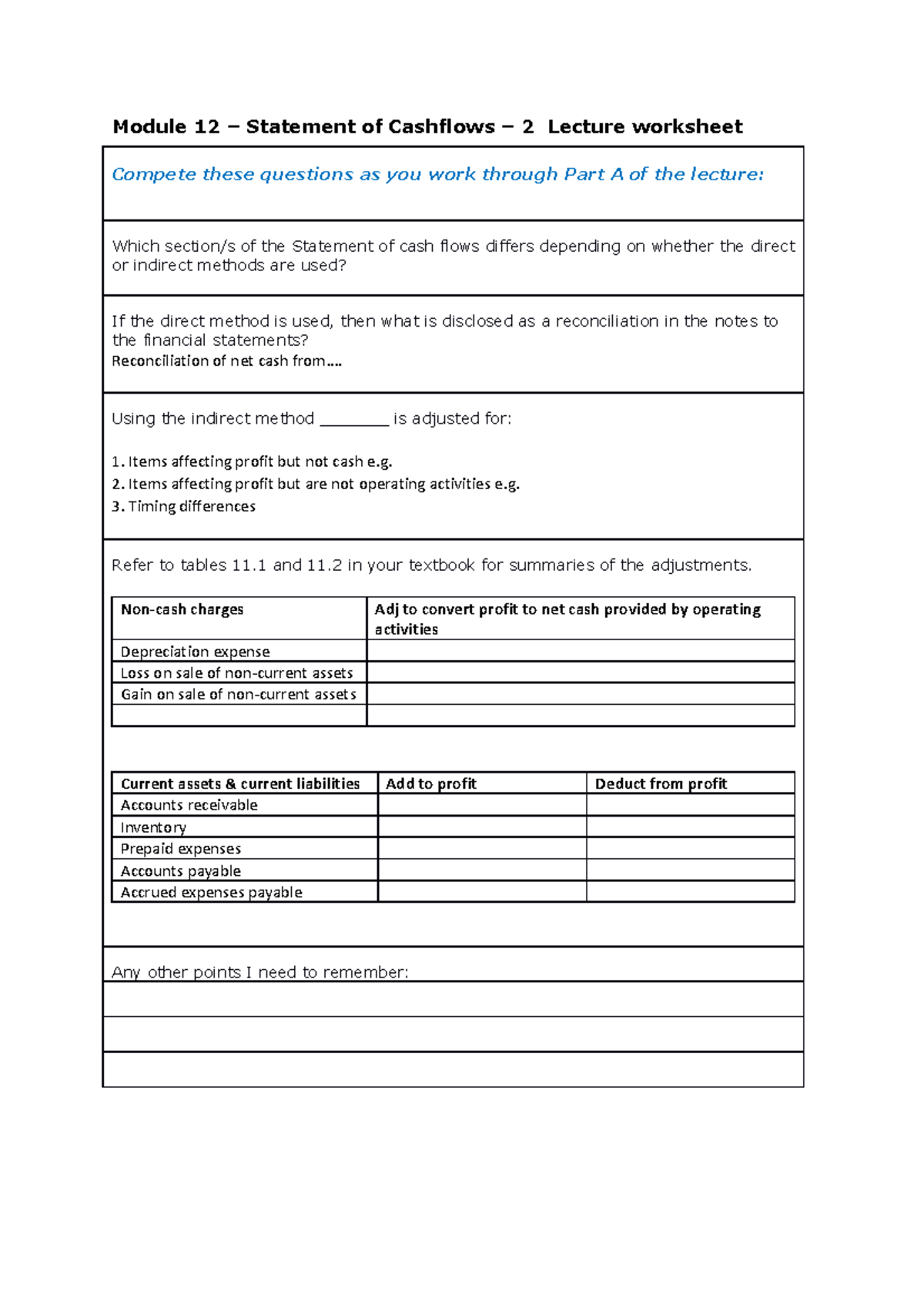 Module 12 Lecture worksheet - Module 12 – Statement of Cashflows – 2 Lecture worksheet Compete ...