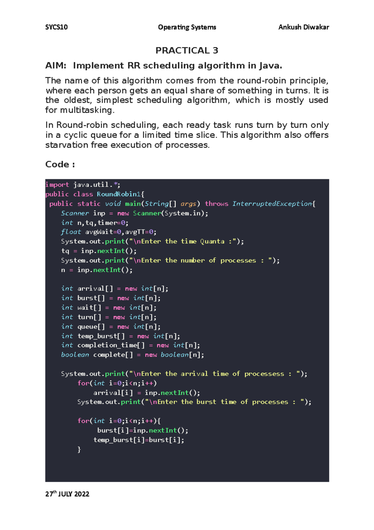 SYCS10 OS Practical 3 - scsc - PRACTICAL 3 AIM: Implement RR scheduling algorithm in Java. The ...