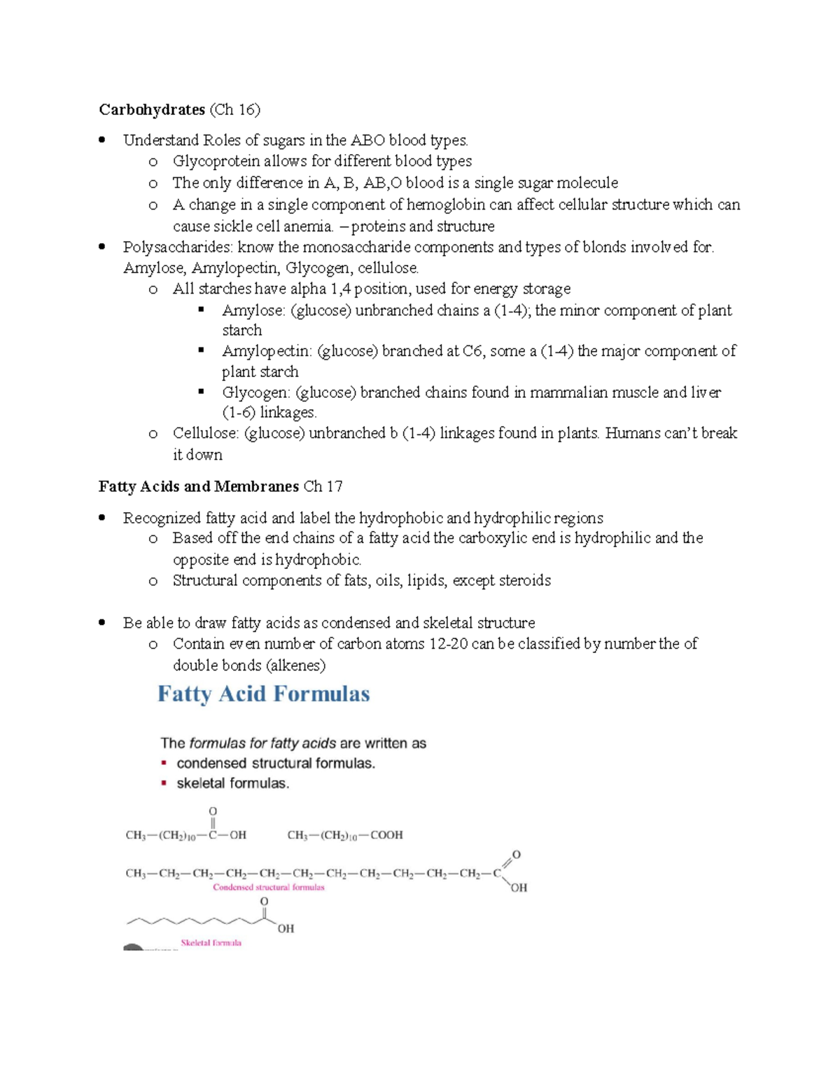 Chem 105 exam 4 study guide - Carbohydrates (Ch 16) Understand Roles of ...