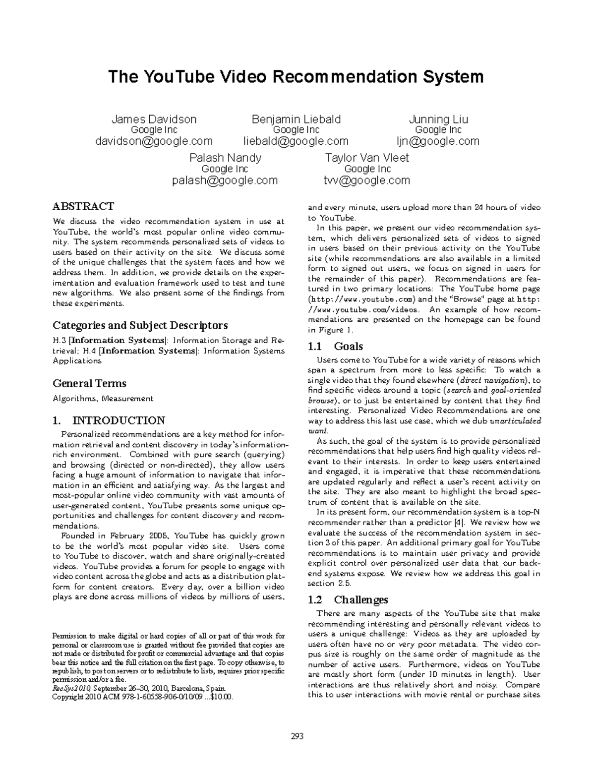 The You Tube video recommendation system - The YouTube Video ...