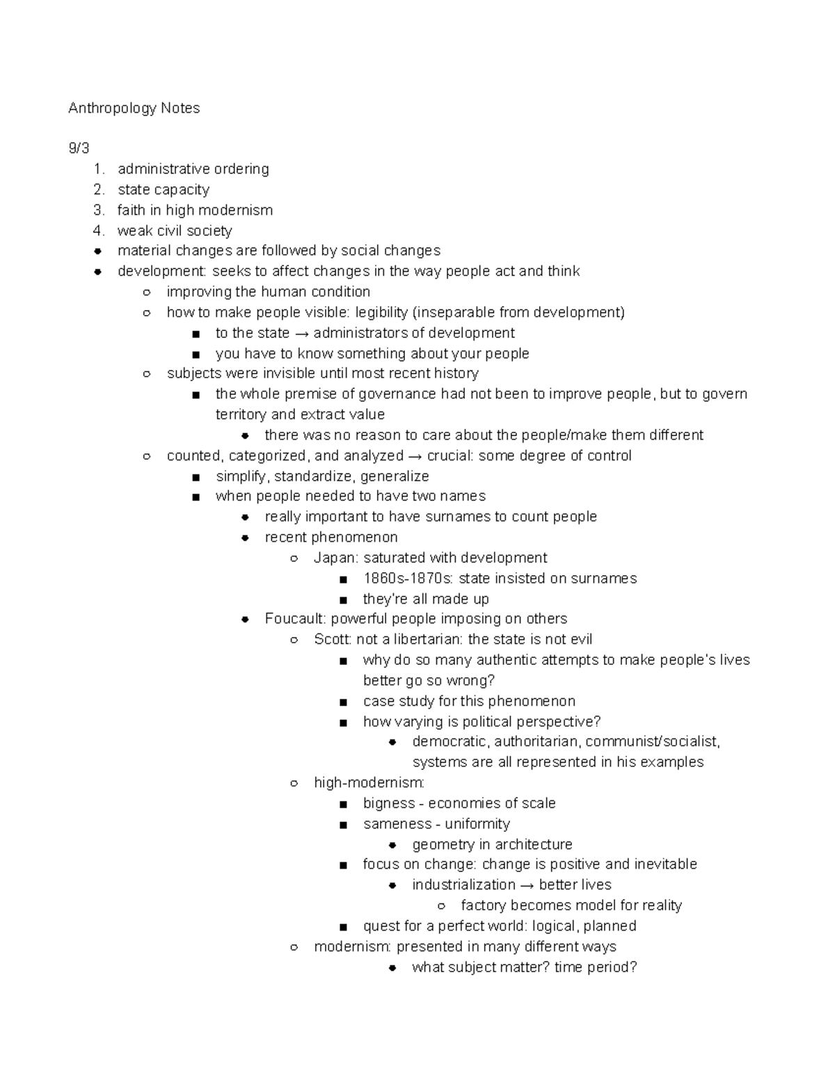 Anthropology Notes - Anthropology Notes 9/ 1. administrative ordering 2 ...