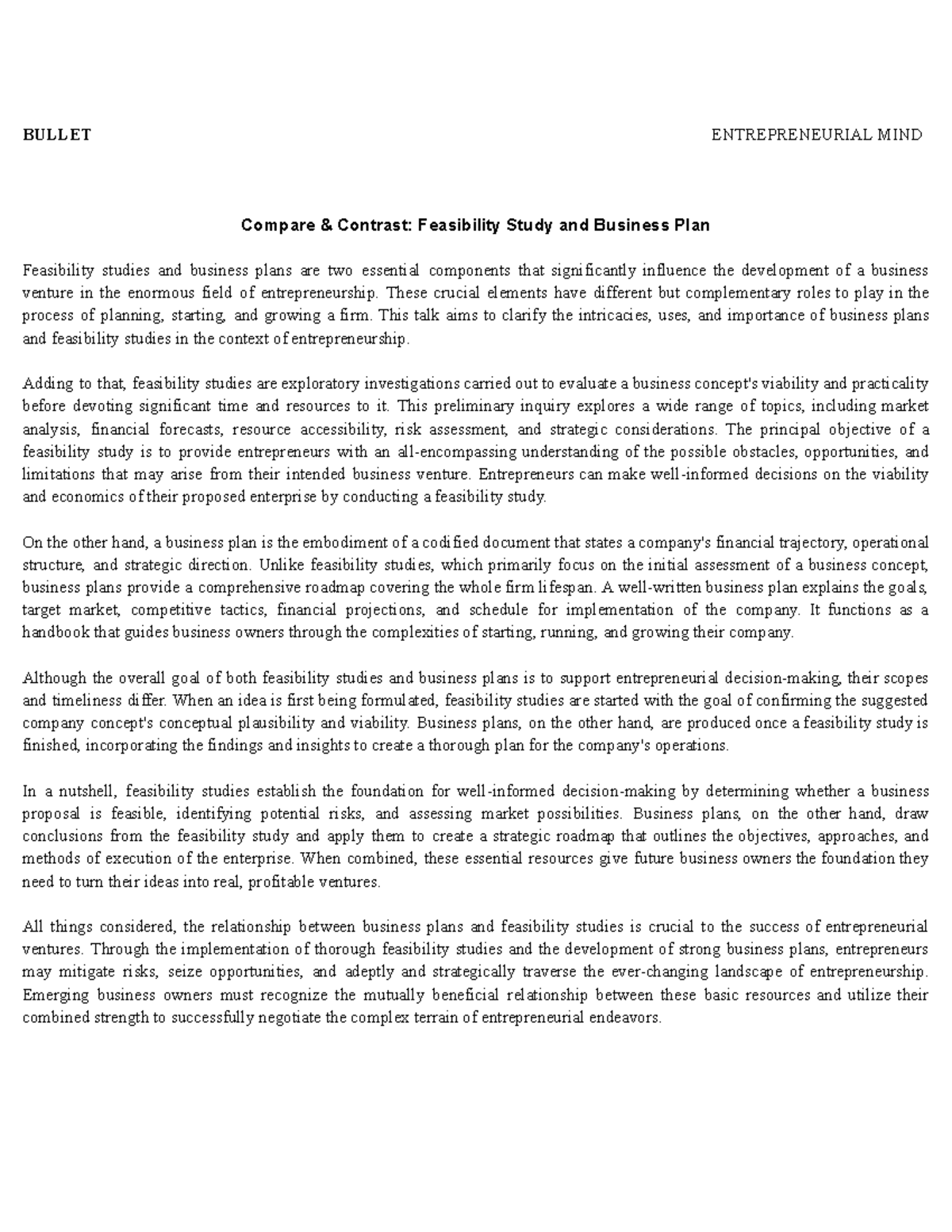 Feasibility Study VS Business Plan - BULLET ENTREPRENEURIAL MIND ...