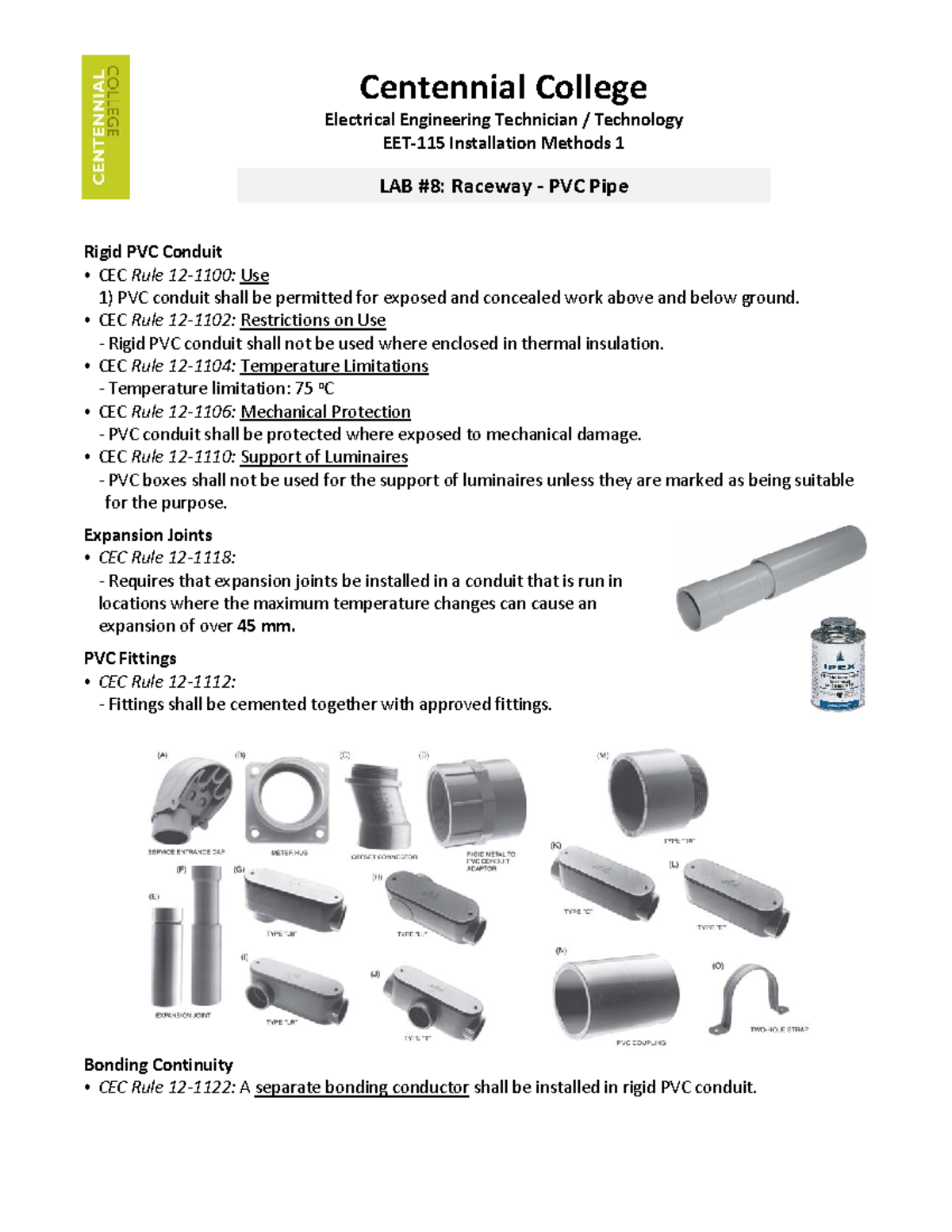 Lab 8 - Raceway - PVC Pipe - Centennial College Electrical Engineering ...