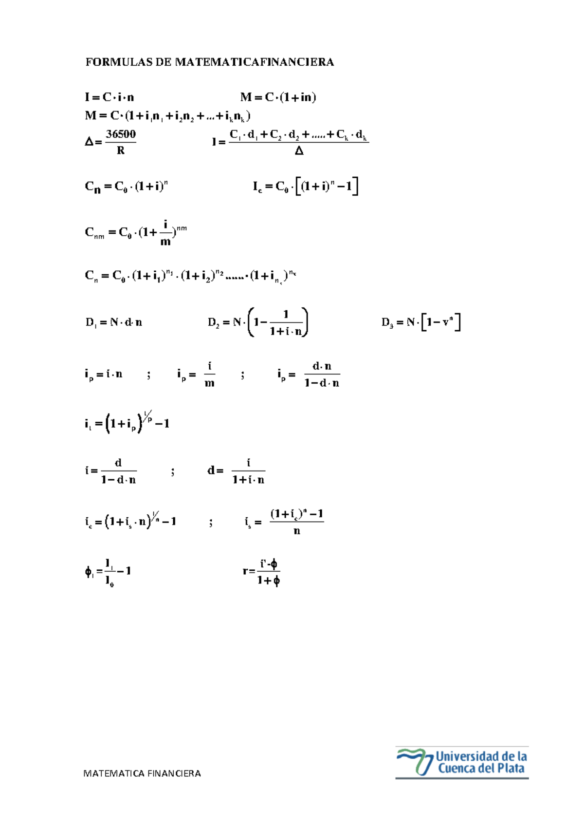 Resumen DE Formulas MAT. Fciera 2024 - MATEMATICA FINANCIERA 1 1 2 2 k ...