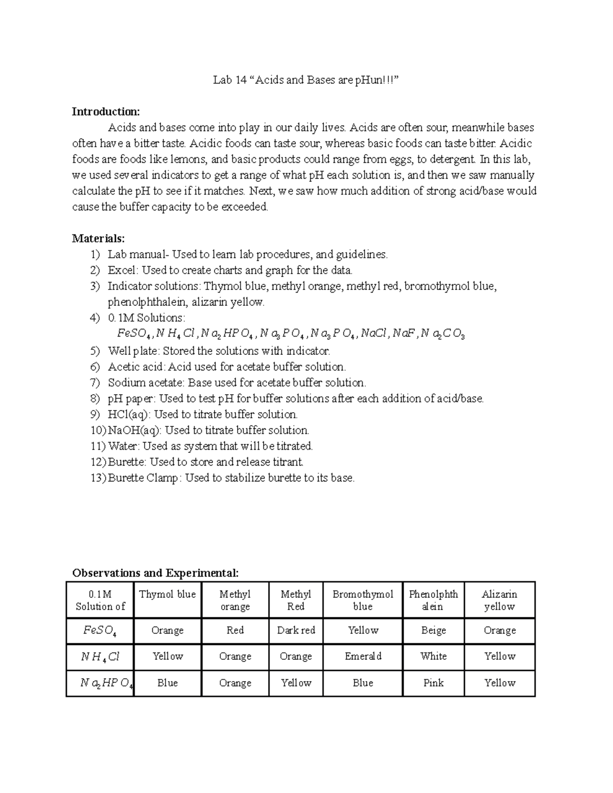 Chem Lab 14 Chem 106 Lab Completed Lab 14 “acids And Bases Are Phun” Introduction Acids 