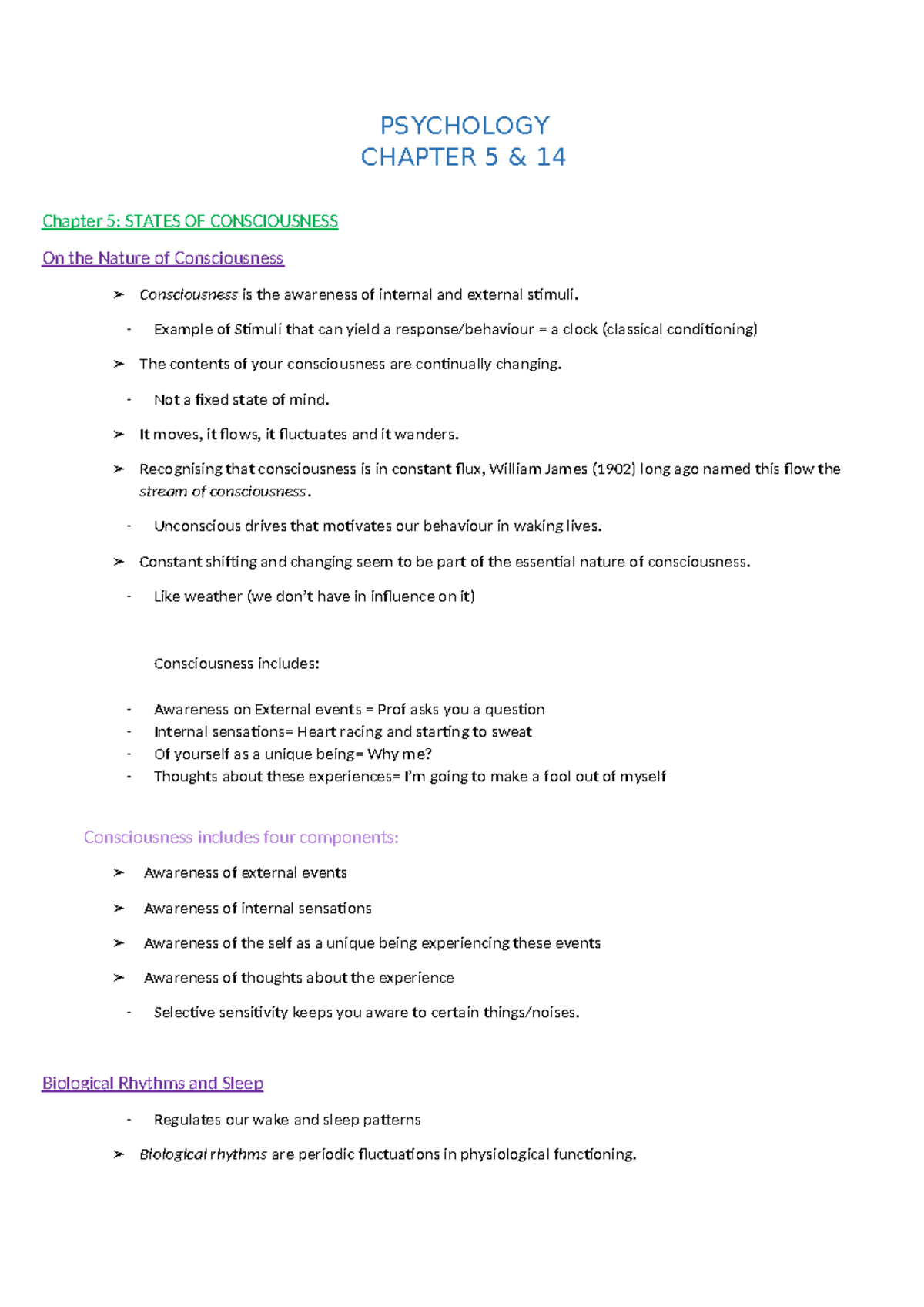 Psychology notes Chapter 5 & 14 - PSYCHOLOGY CHAPTER 5 & 14 Chapter 5 ...