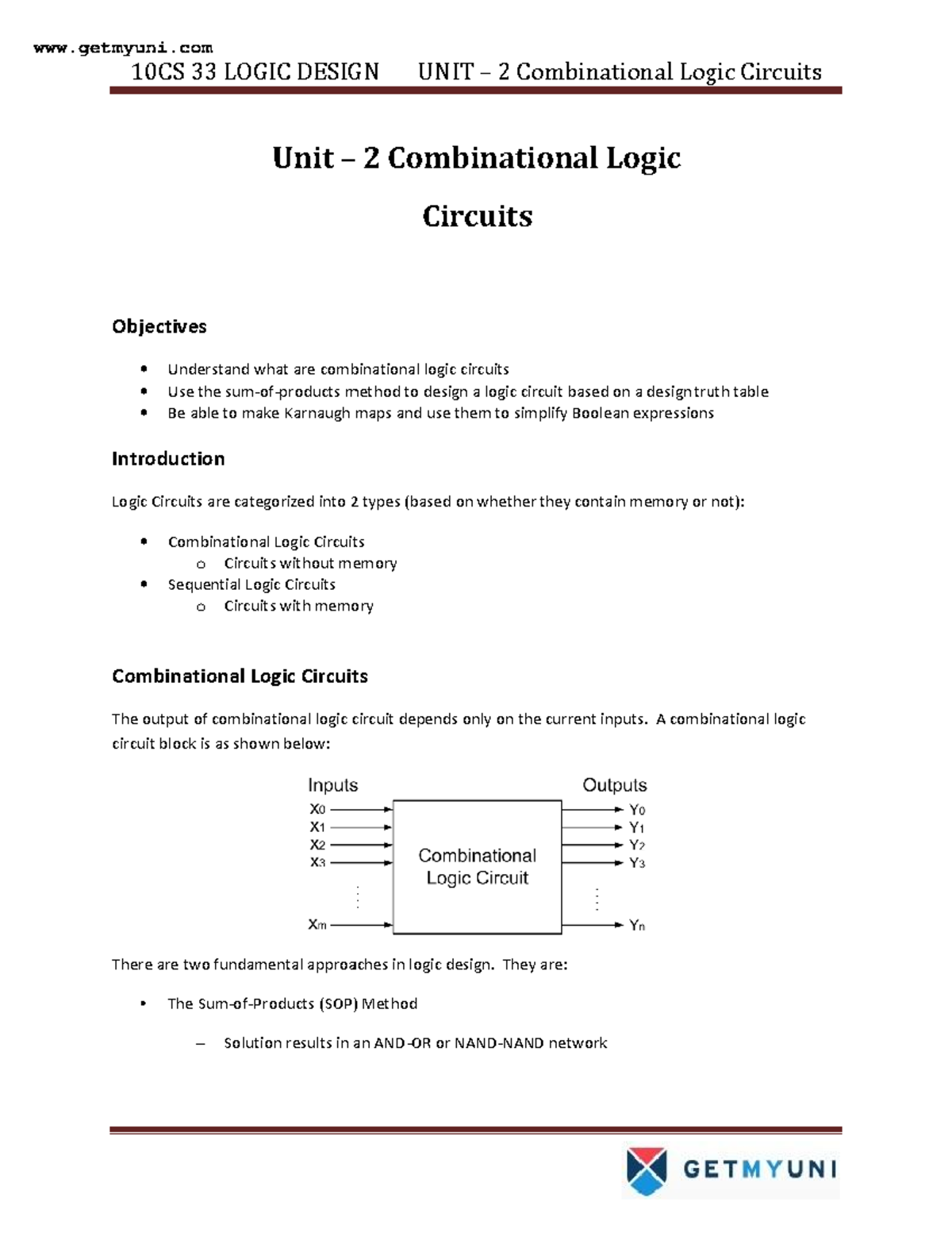 Electrical Engineering Engineering Logic Design Combinational Logic Circuits Notes 1 10cs 33