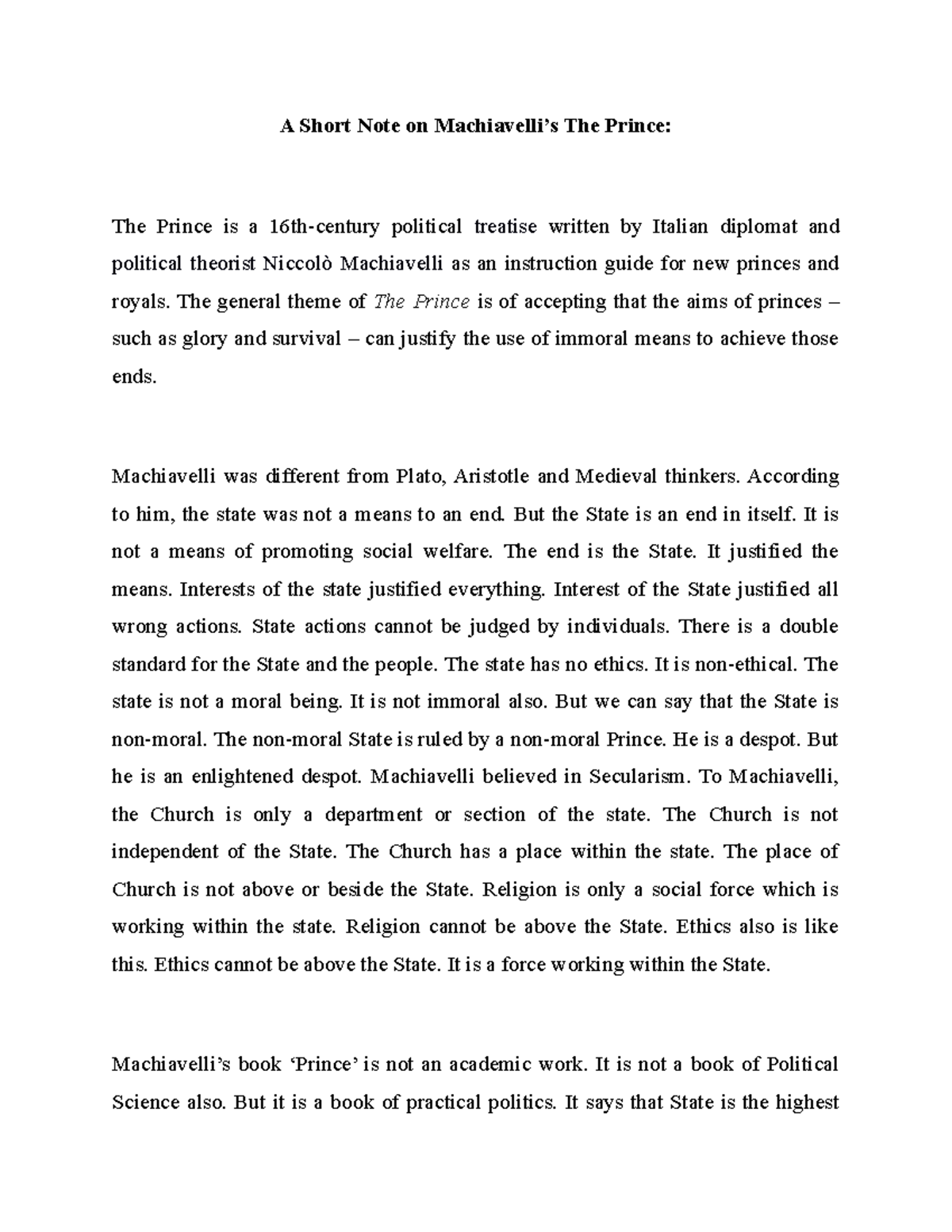 A Short Note on Machiavelli's The Prince - A Short Note on Machiavelli ...