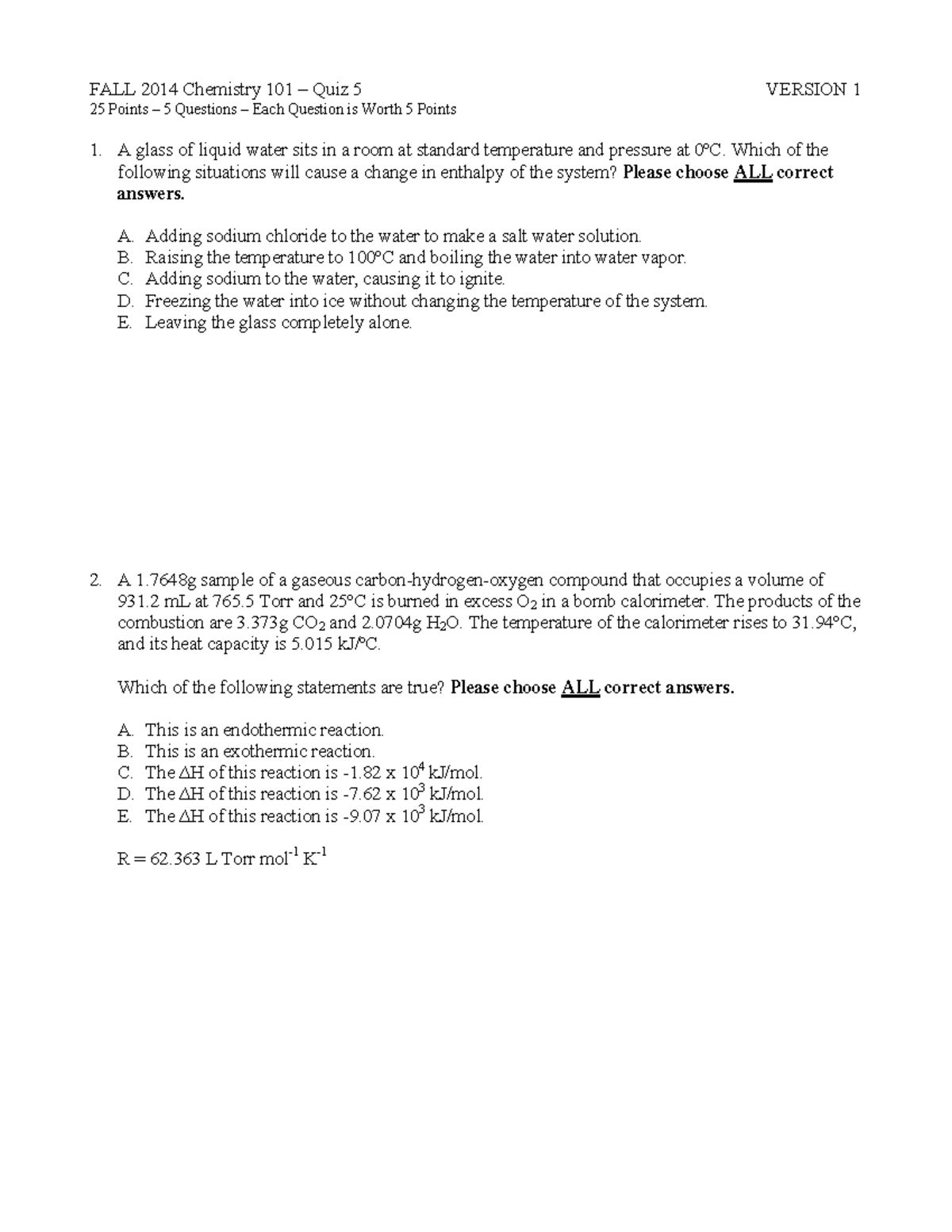 Quiz 5 - quiz 5 questions - FALL 2014 Chemistry 101 – Quiz 5 VERSION 1 ...