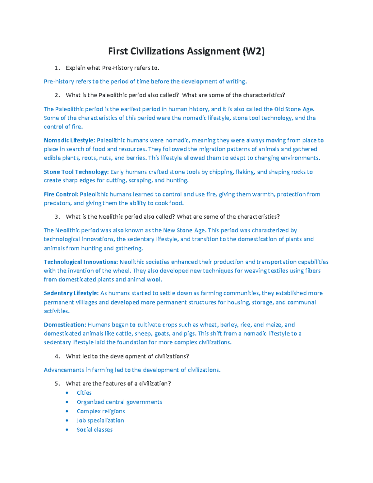 First Civilizations Assignment (W2) - First Civilizations Assignment ...