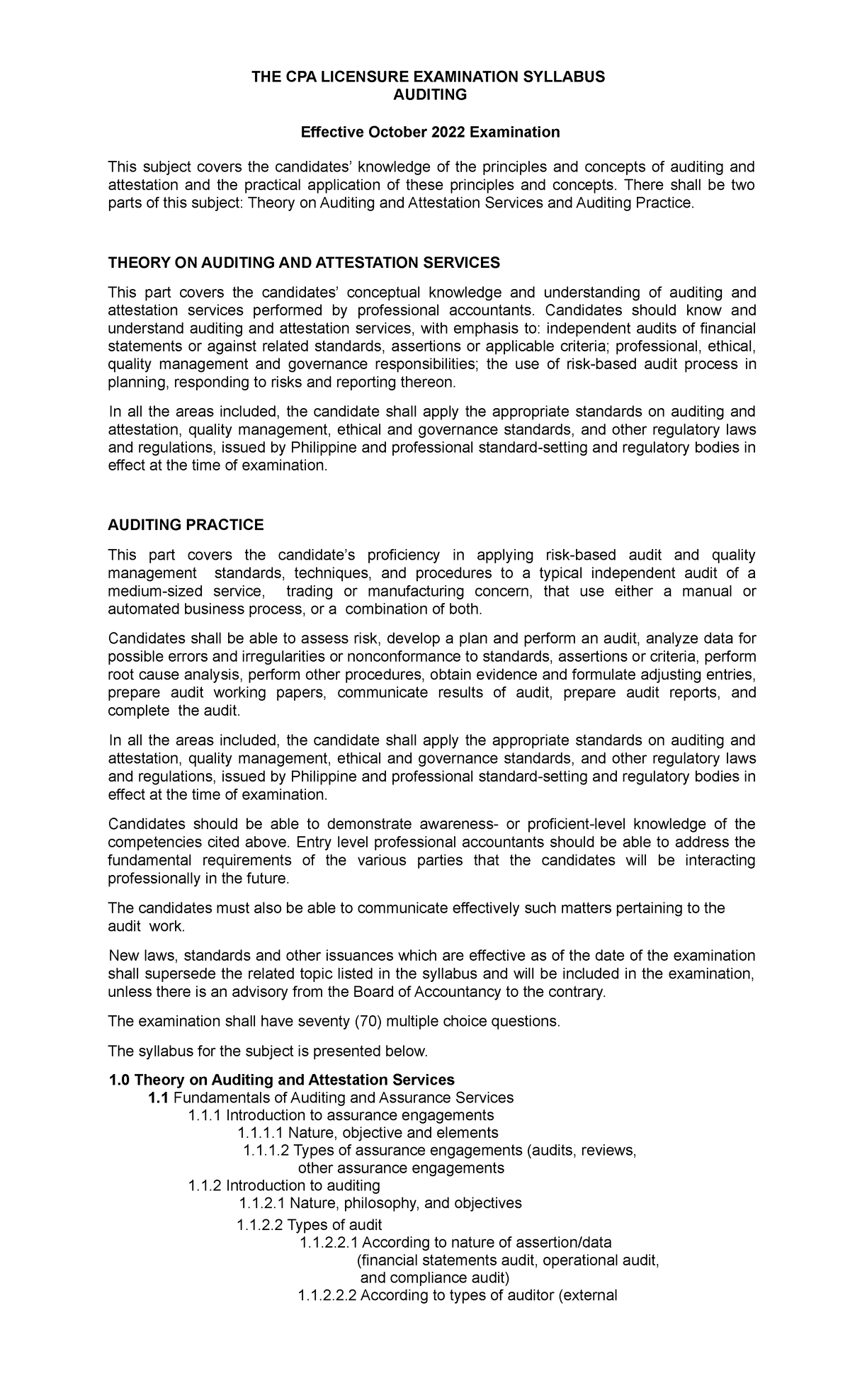 Syllabus Effective October 2022 Auditing The Cpa Licensure