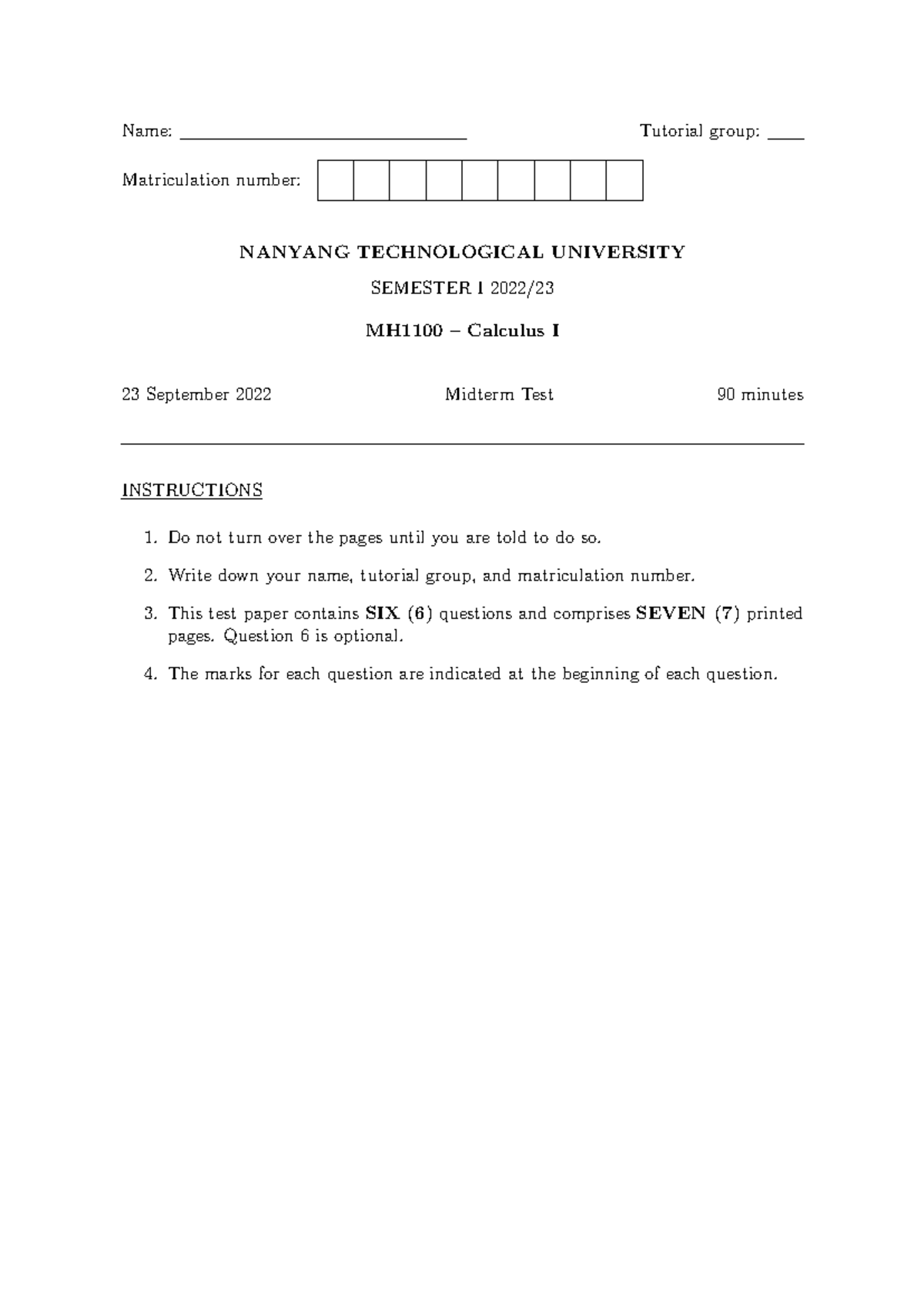 MH1100 Midterm Test 2223 solutions - Name: Tutorial group ...