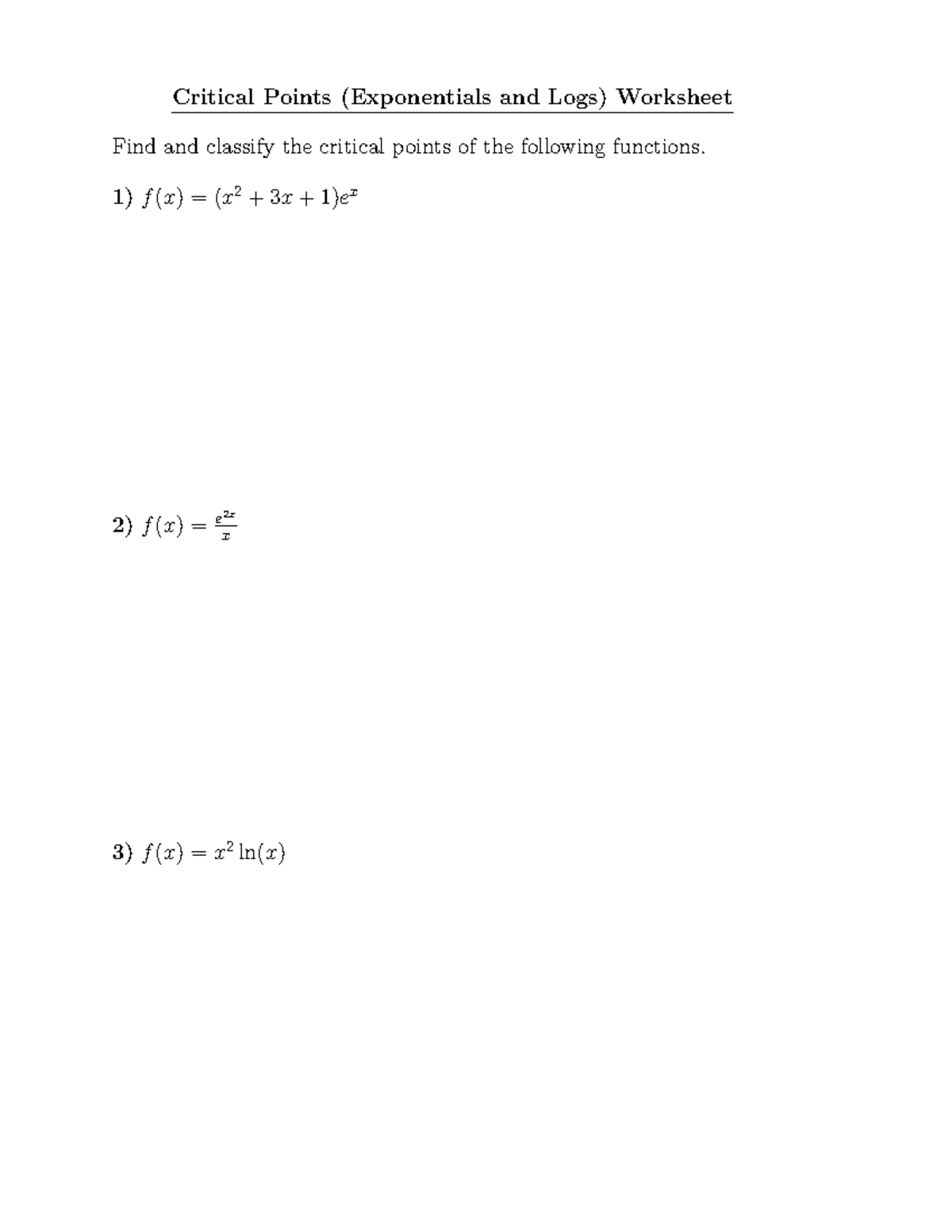 Crit Pts Exp Log Worksheet - Critical Points (Exponentials and Logs ...
