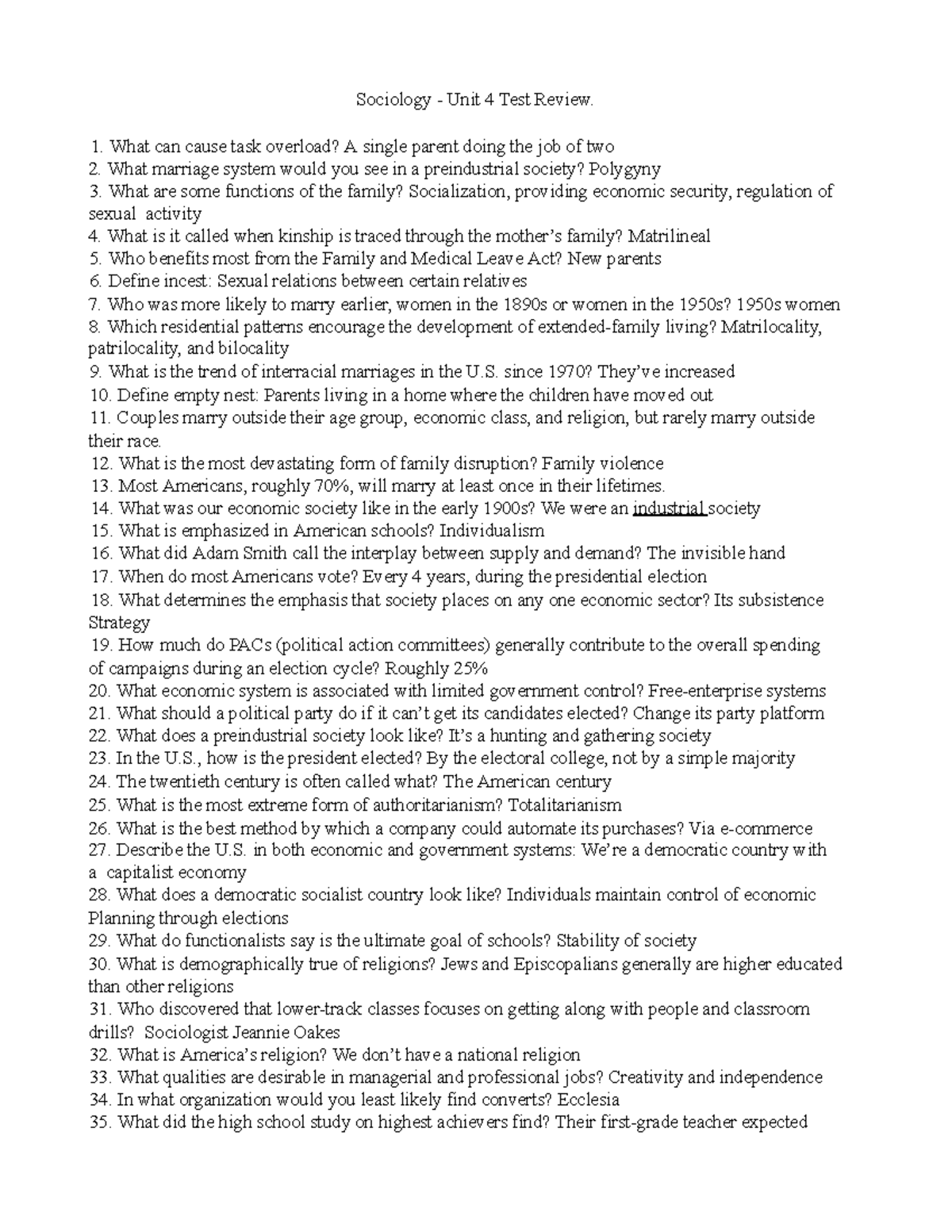 Sociology Unit 4 Test Review - Studocu