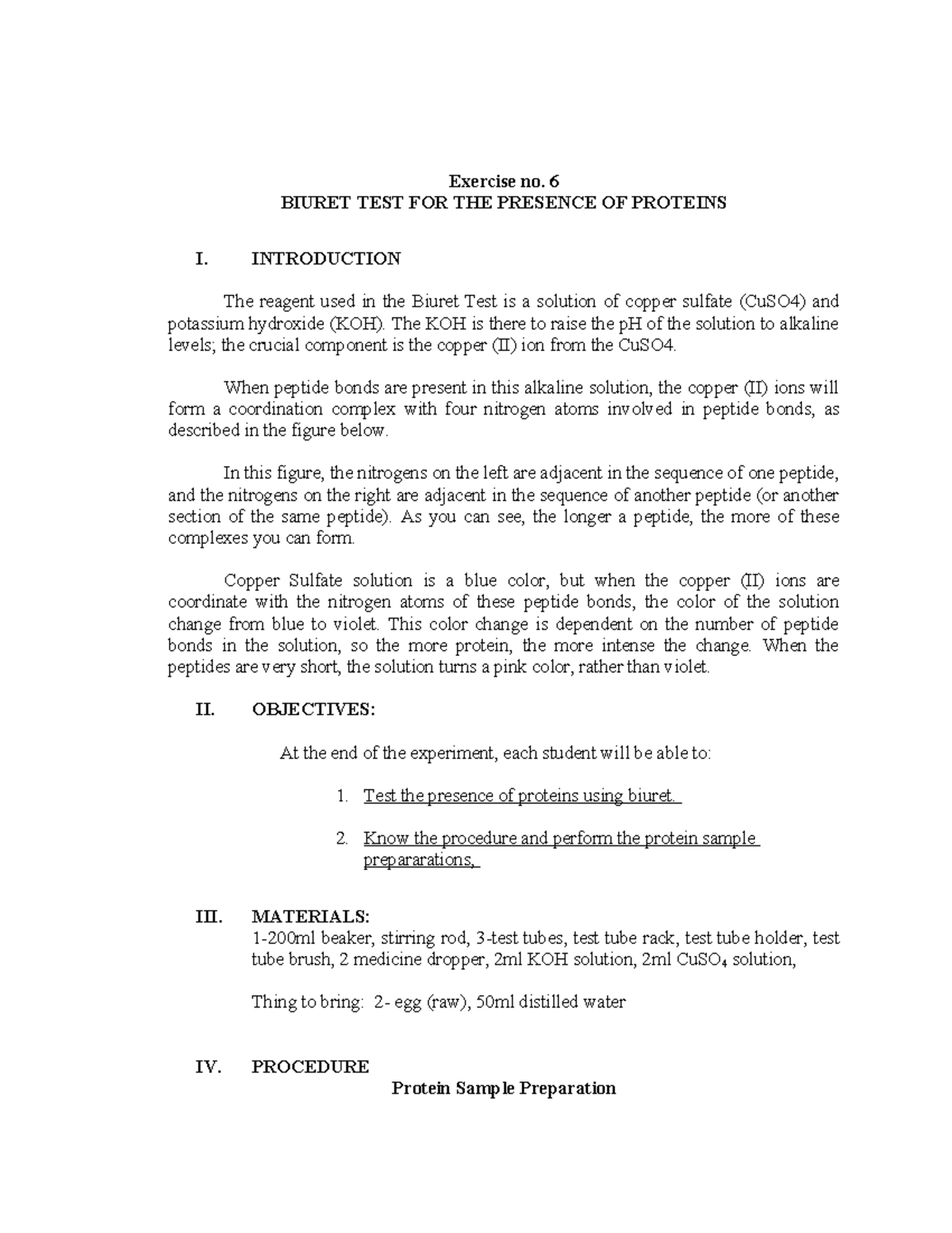 Exp. 6 Biuret Test for the presence of proteins-lovely copy - Exercise ...