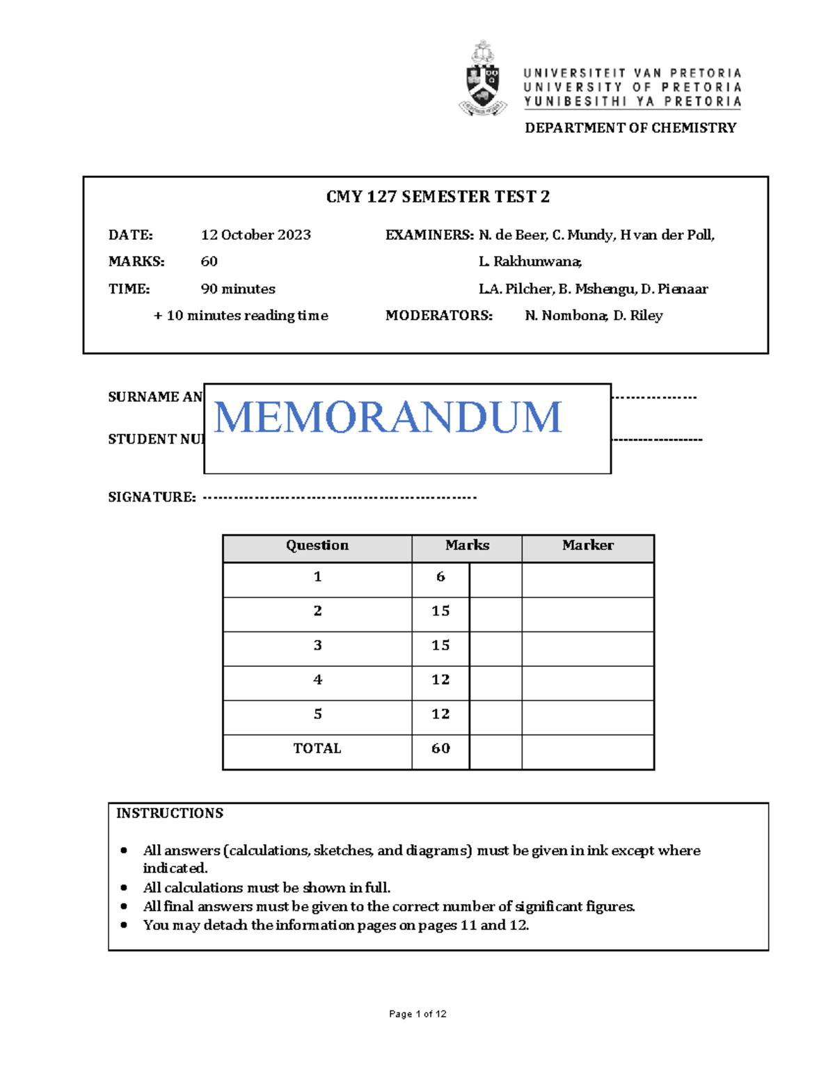 CMY 127 Sem Test 2 MEMO 2023 - DEPARTMENT OF CHEMISTRY CMY 127 SEMESTER ...