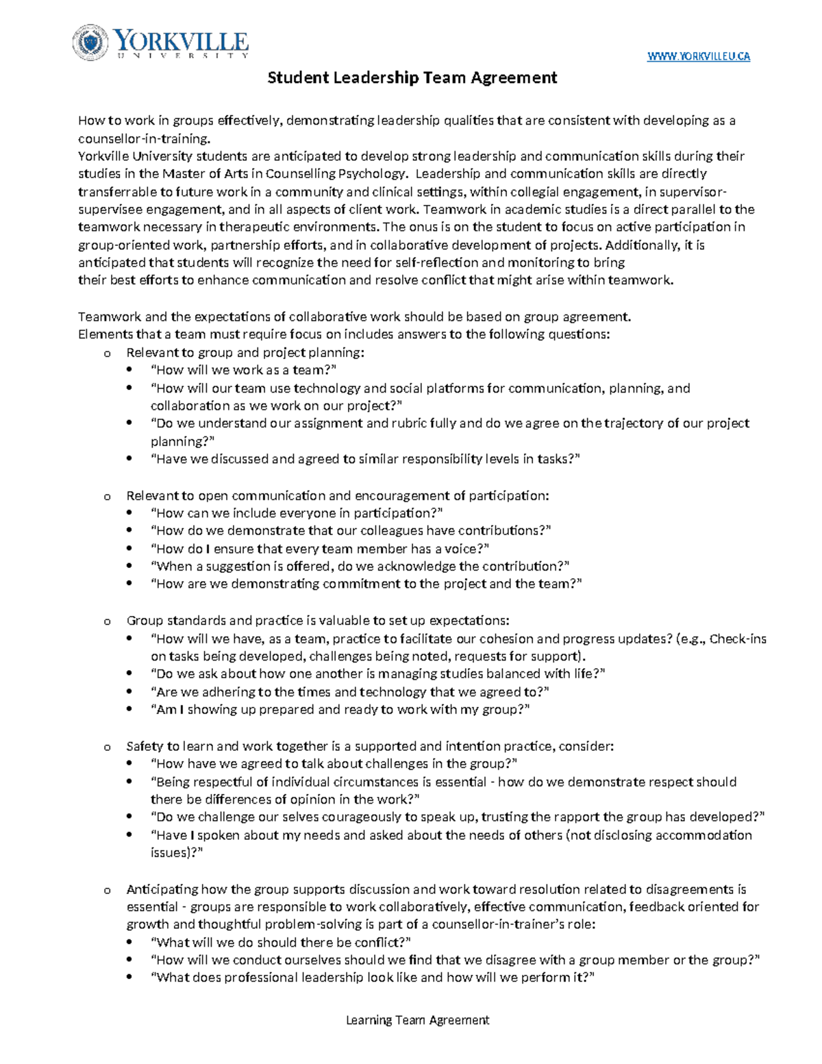 Learning Team Agreement - WWW.YORKVILLEU Student Leadership Team ...