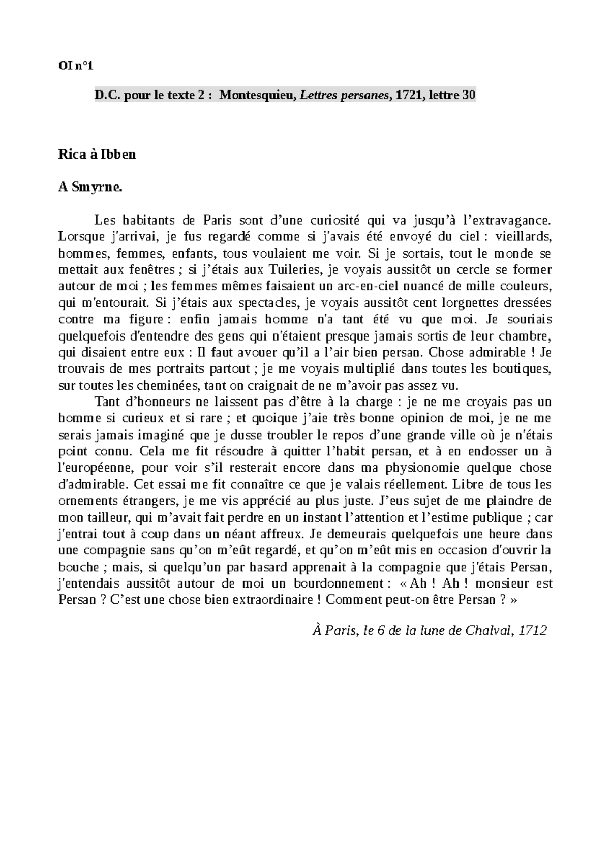 Montesquieu - OI n° D. pour le texte 2 : Montesquieu, Lettres persanes ...
