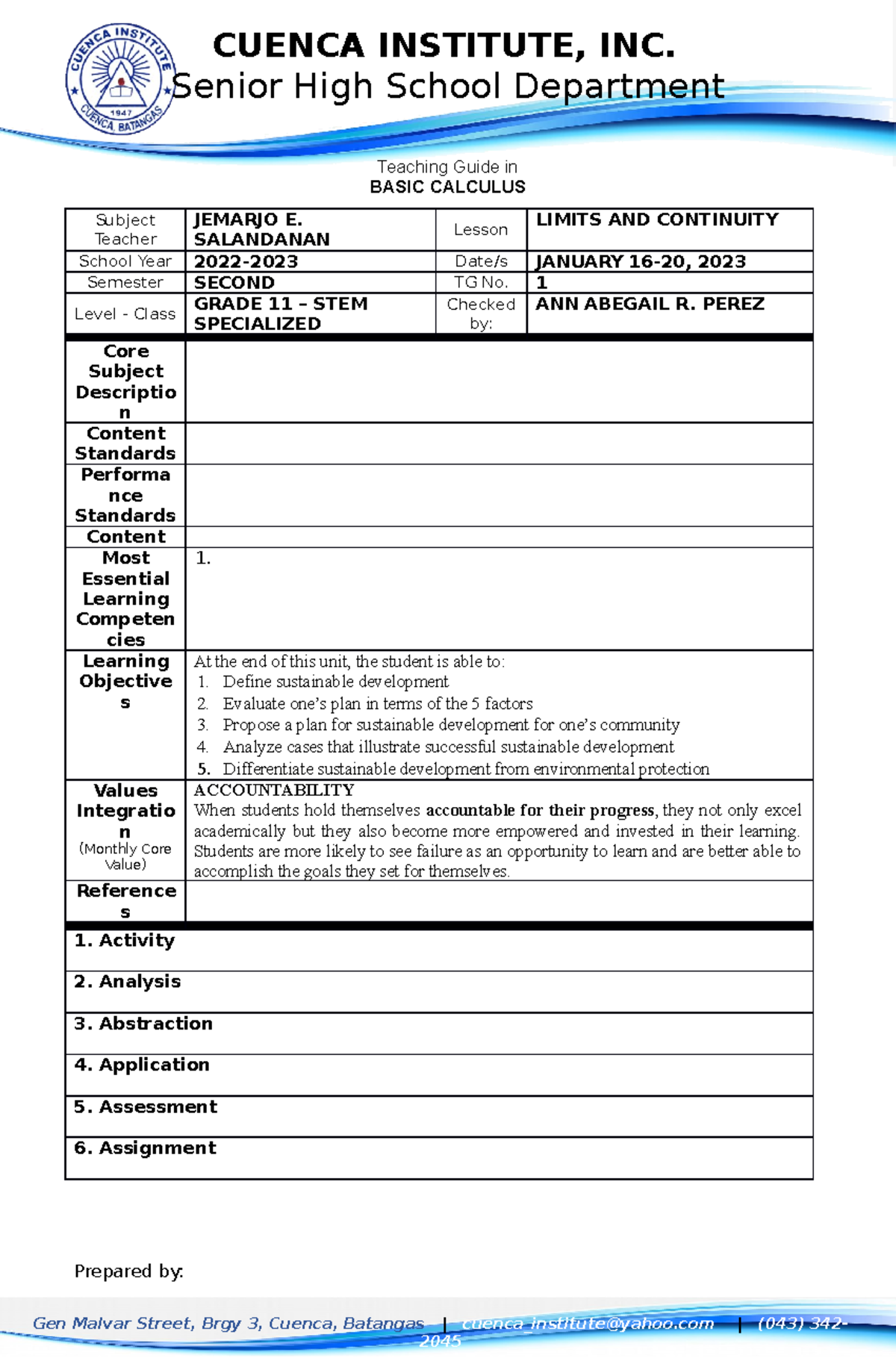 Teaching Guide in - CUENCA INSTITUTE, INC. Senior High School ...