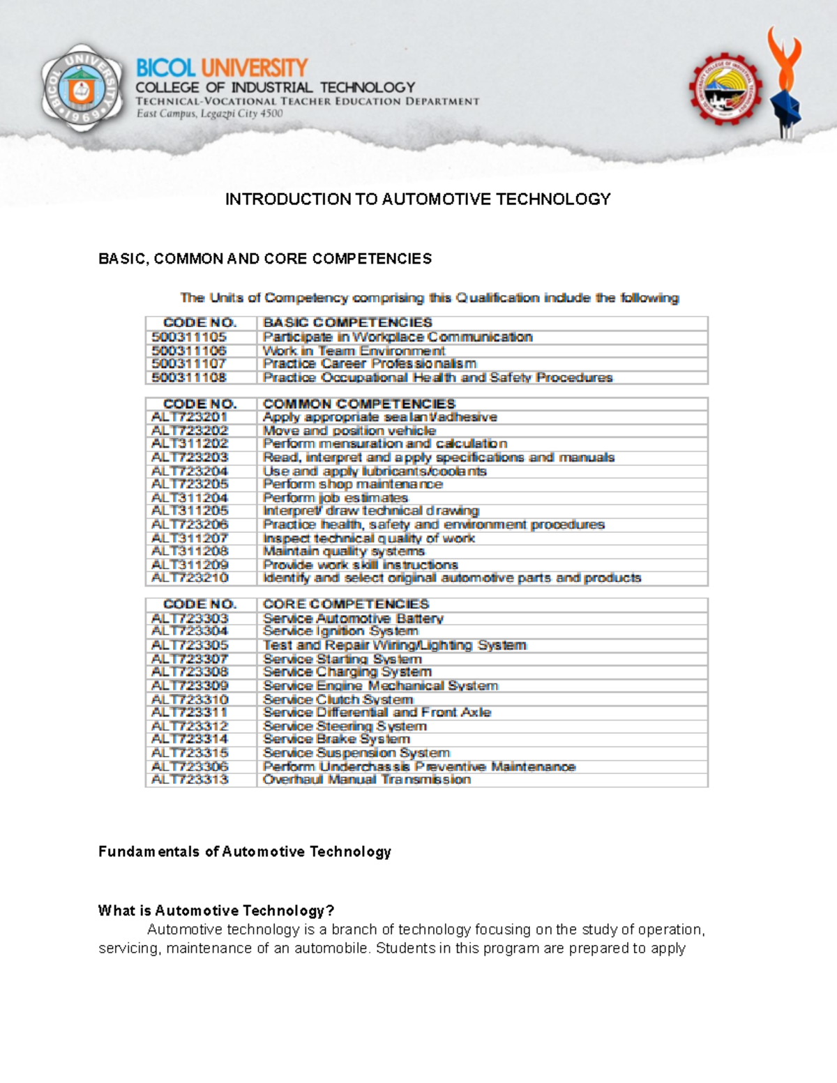 Introduction to Automotive Technology - INTRODUCTION TO AUTOMOTIVE ...