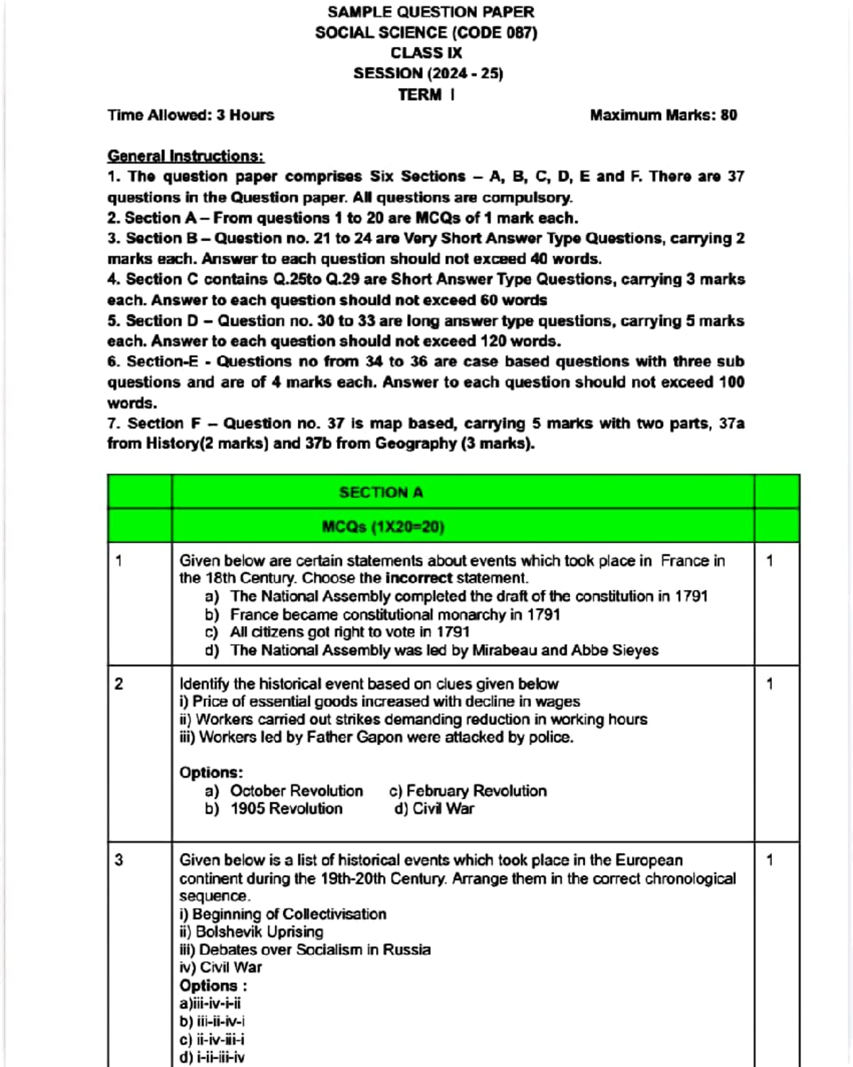 Question paper class 9th - SAMPLE QUESTION PAPER SOCIAL SCIENCE (CODE ...