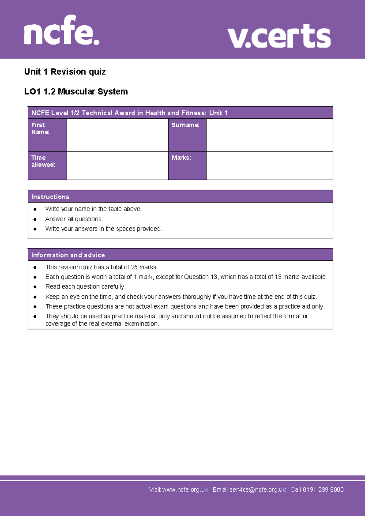 HF Quiz LO1 1 - Quiz - Unit 1 Revision quiz LO1 1 Muscular System NCFE ...