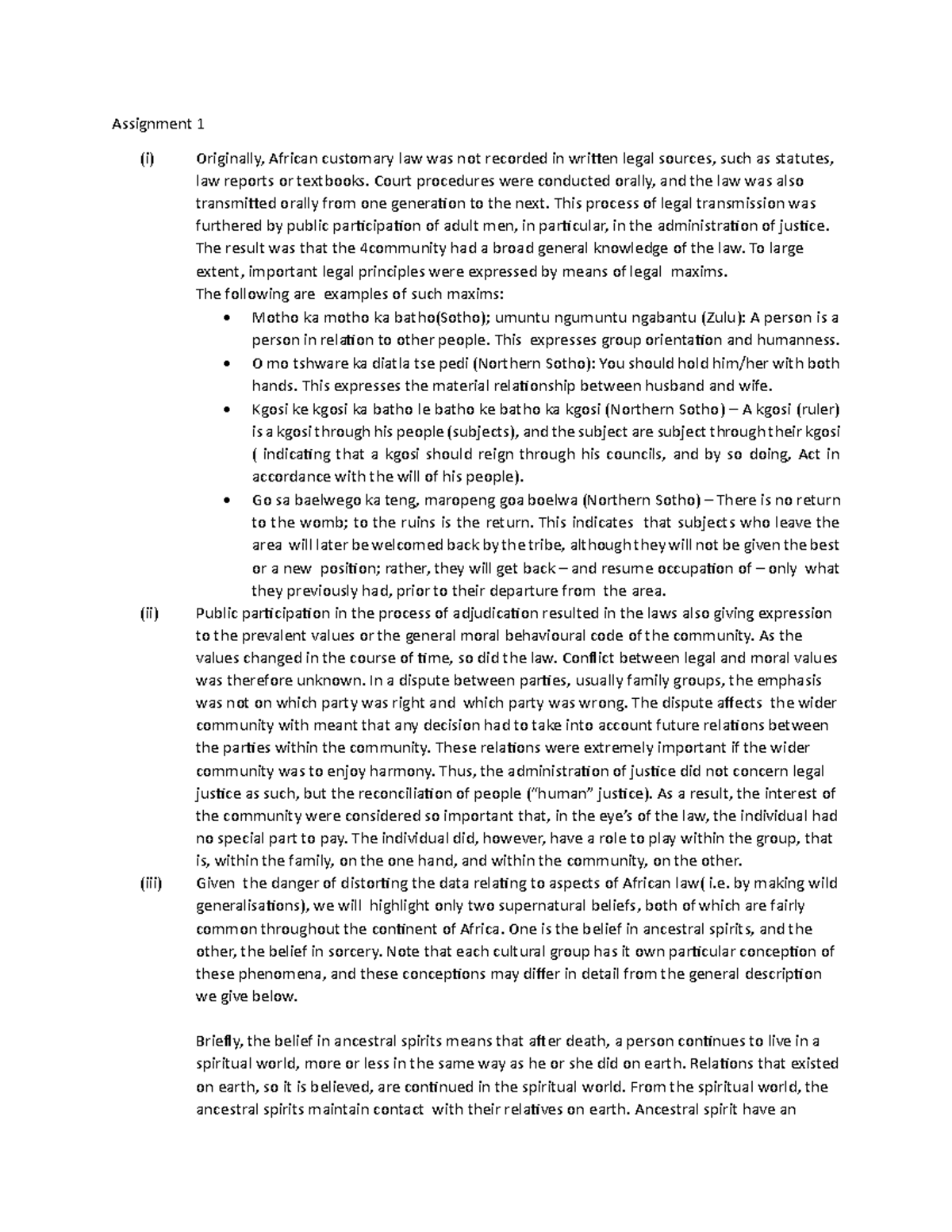 Assignment 01 IND - Assignment 1 (i) Originally, African customary law was not recorded in ...