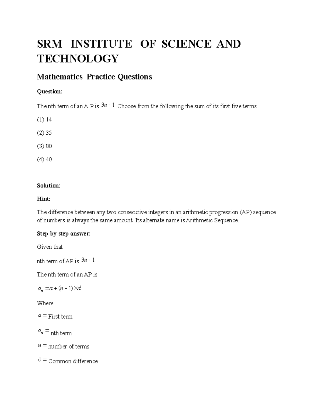 SRM Mathematics lesson 2 Question SET - SRM INSTITUTE OF SCIENCE AND ...