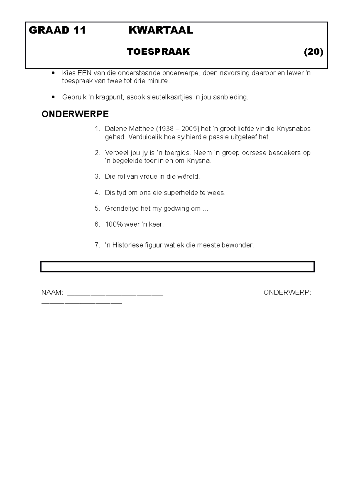 Mondelingonderwerpe - Topics for orals - GRAAD 11 KWARTAAL TOESPRAAK ...