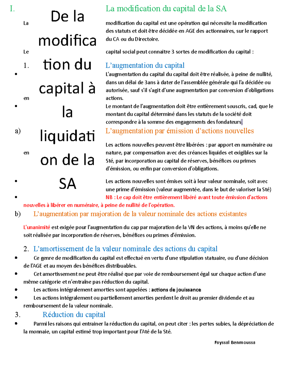 La modification du capital de la SA - I. La modification du capital de ...