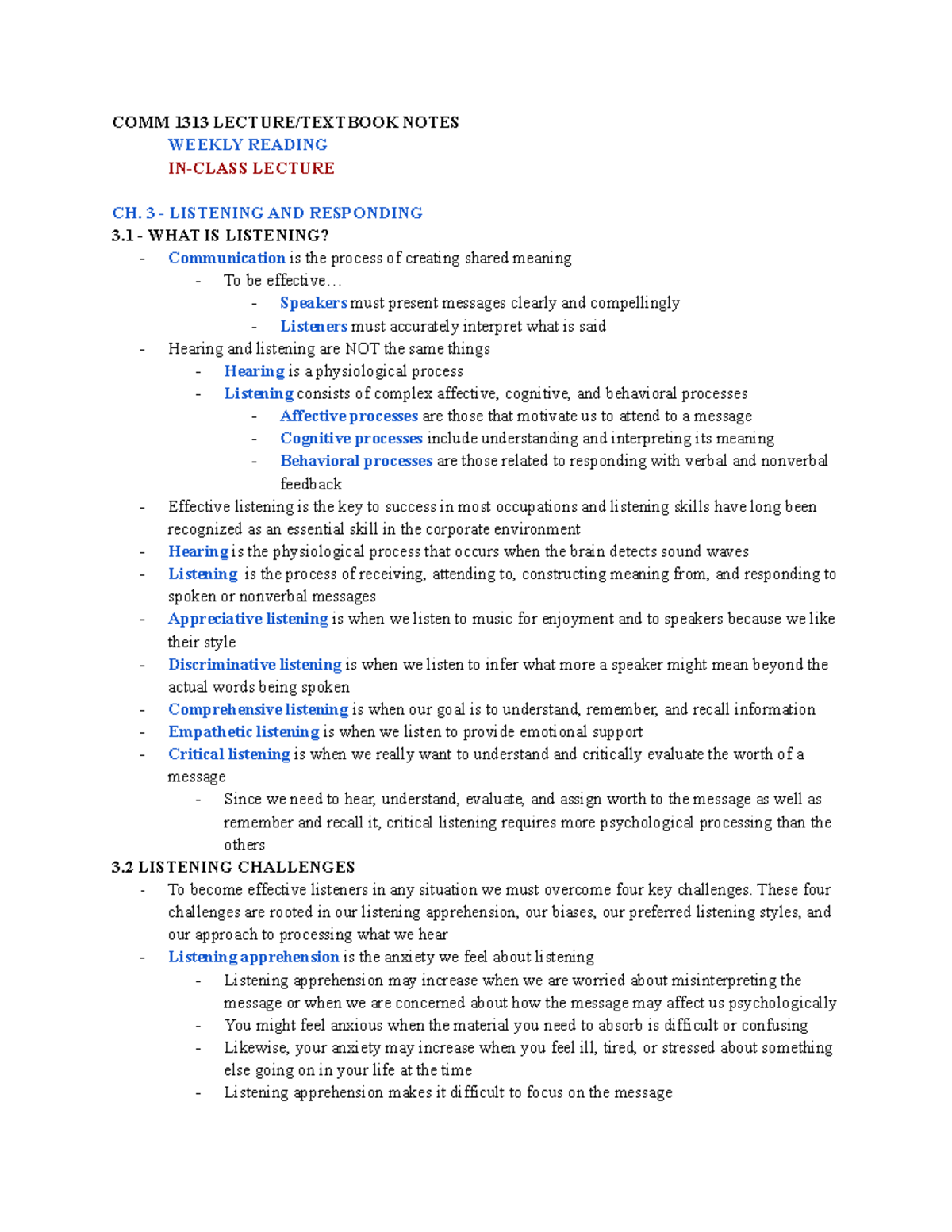 COMM 1313 Notes - COMM 1313 LECTURE/TEXTBOOK NOTES WEEKLY READING IN ...