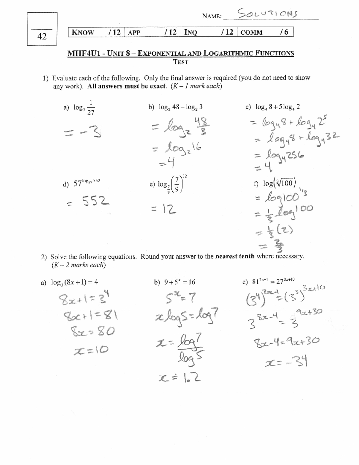 MHF4U1 - Unit 8 Test - Solutions - Studocu