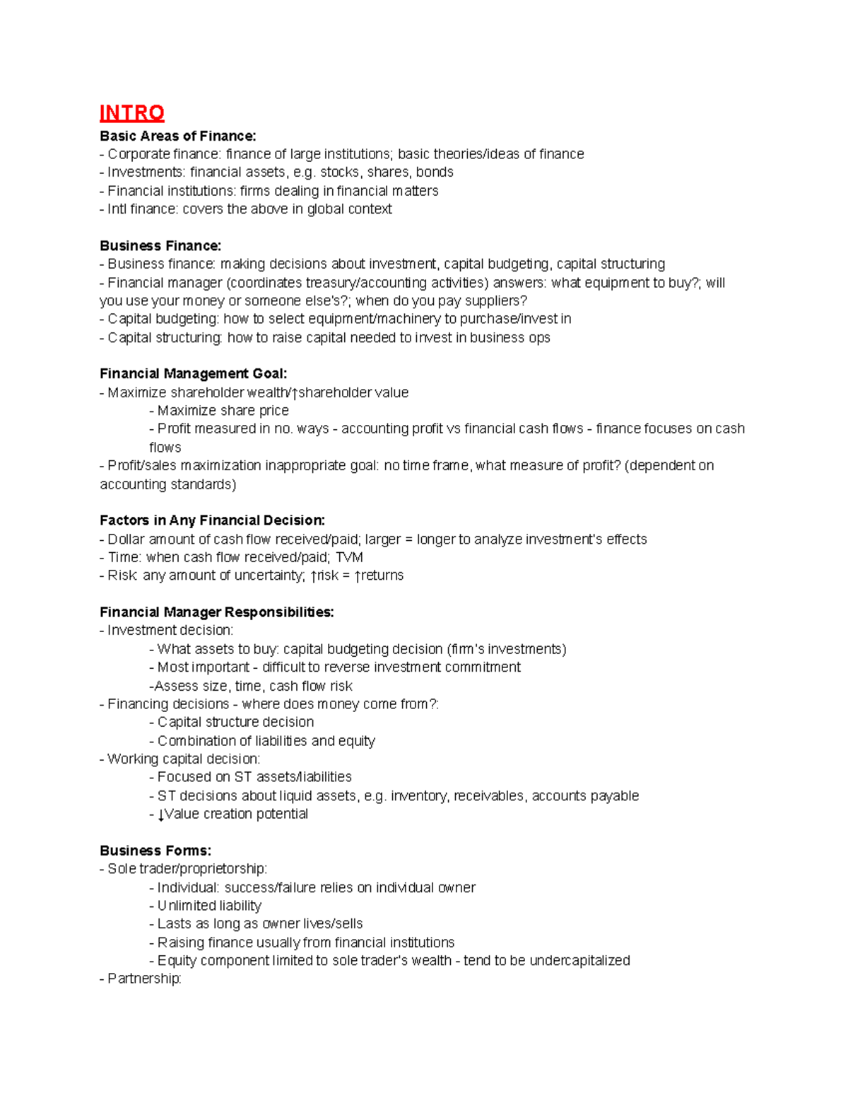 Fundamentals of Business Finance Notes - Google Docs - INTRO Basic ...