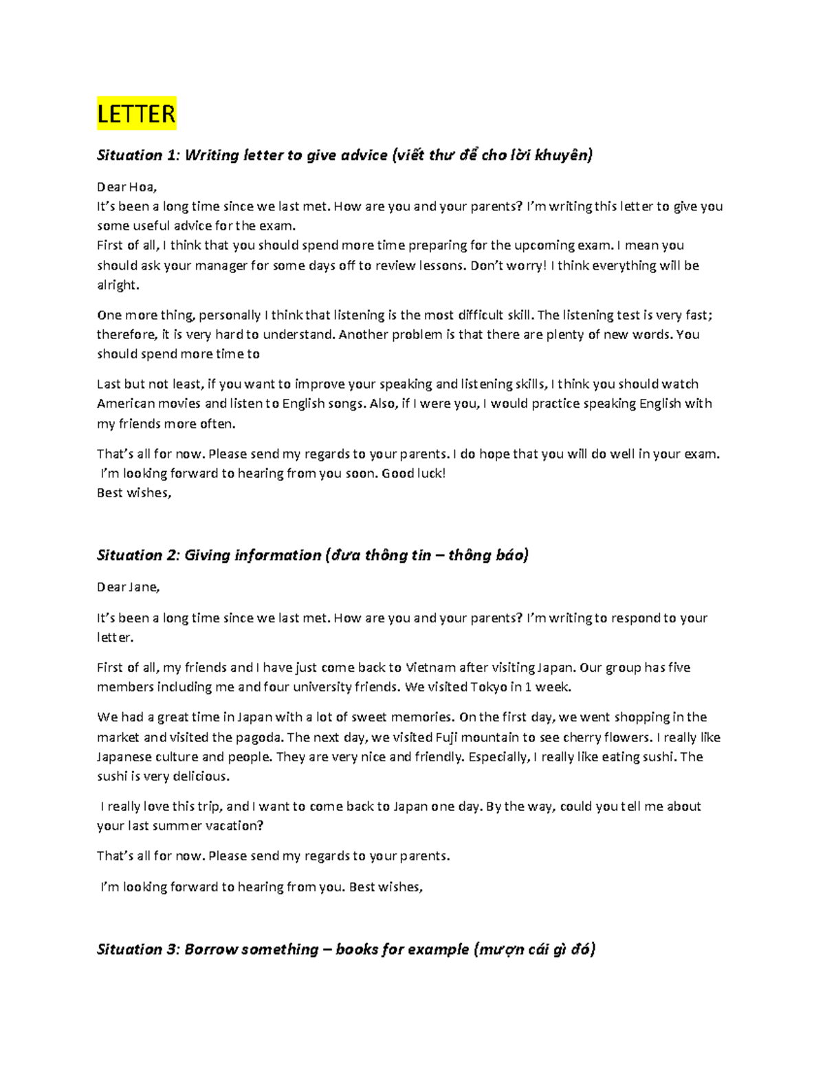 Letter - Opinion - LETTER Situation 1: Writing letter to give advice ...