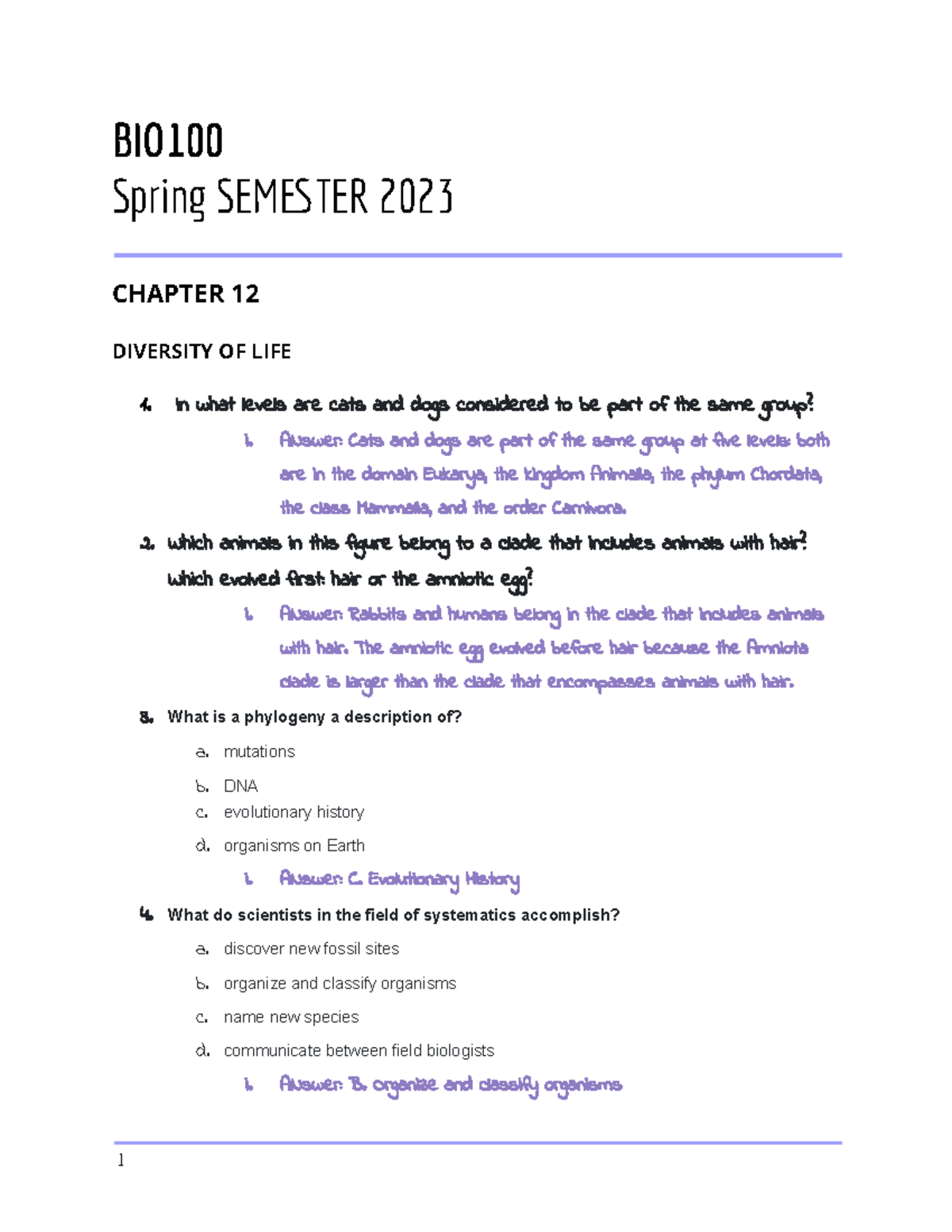 Biology CH12 - BIO Spring SEMTER 2023 CHAPTER 12 DIVERSITY OF LIFE 1 ...