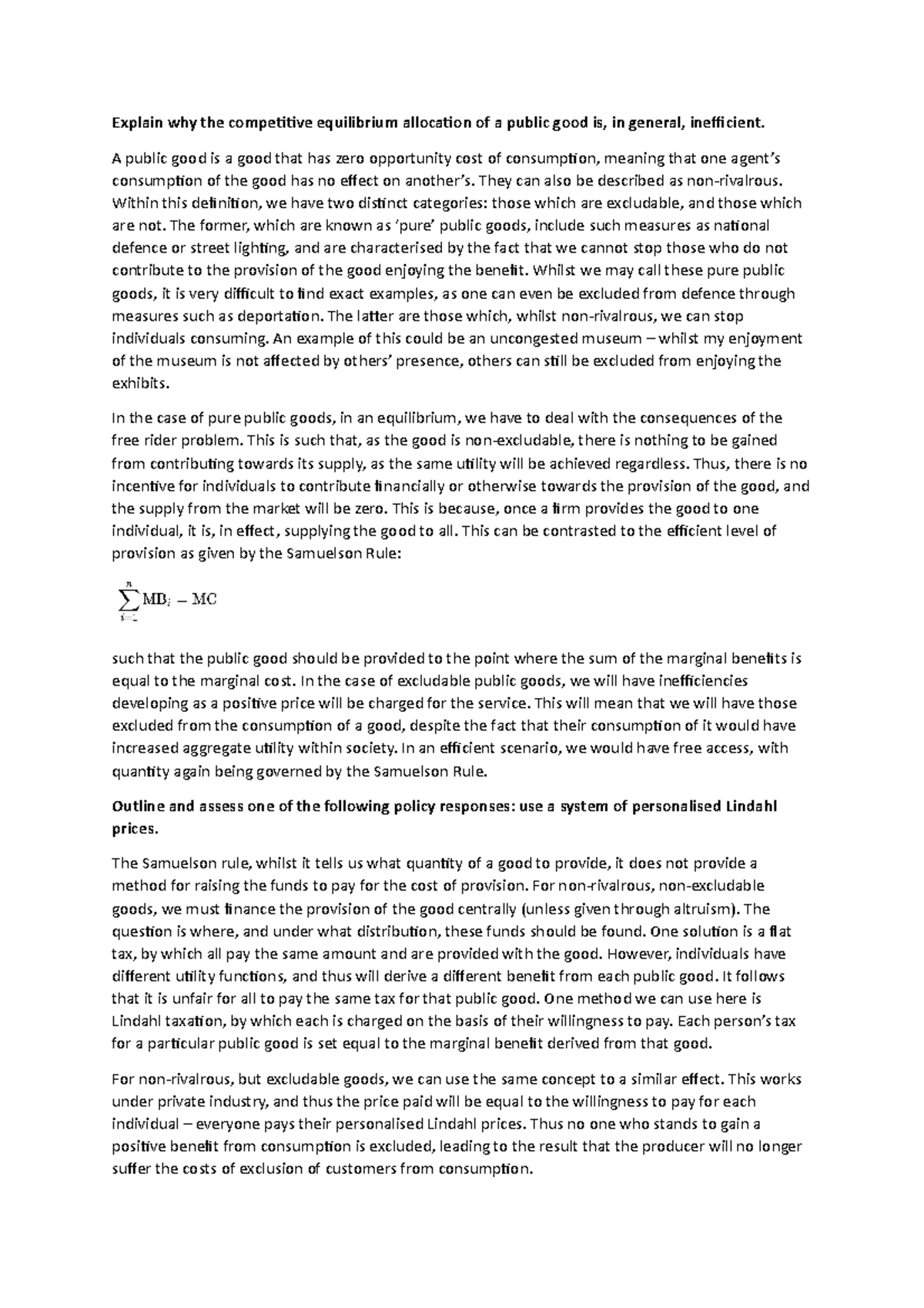 Public goods lindahl - Grade: 1st - Explain why the competitive ...