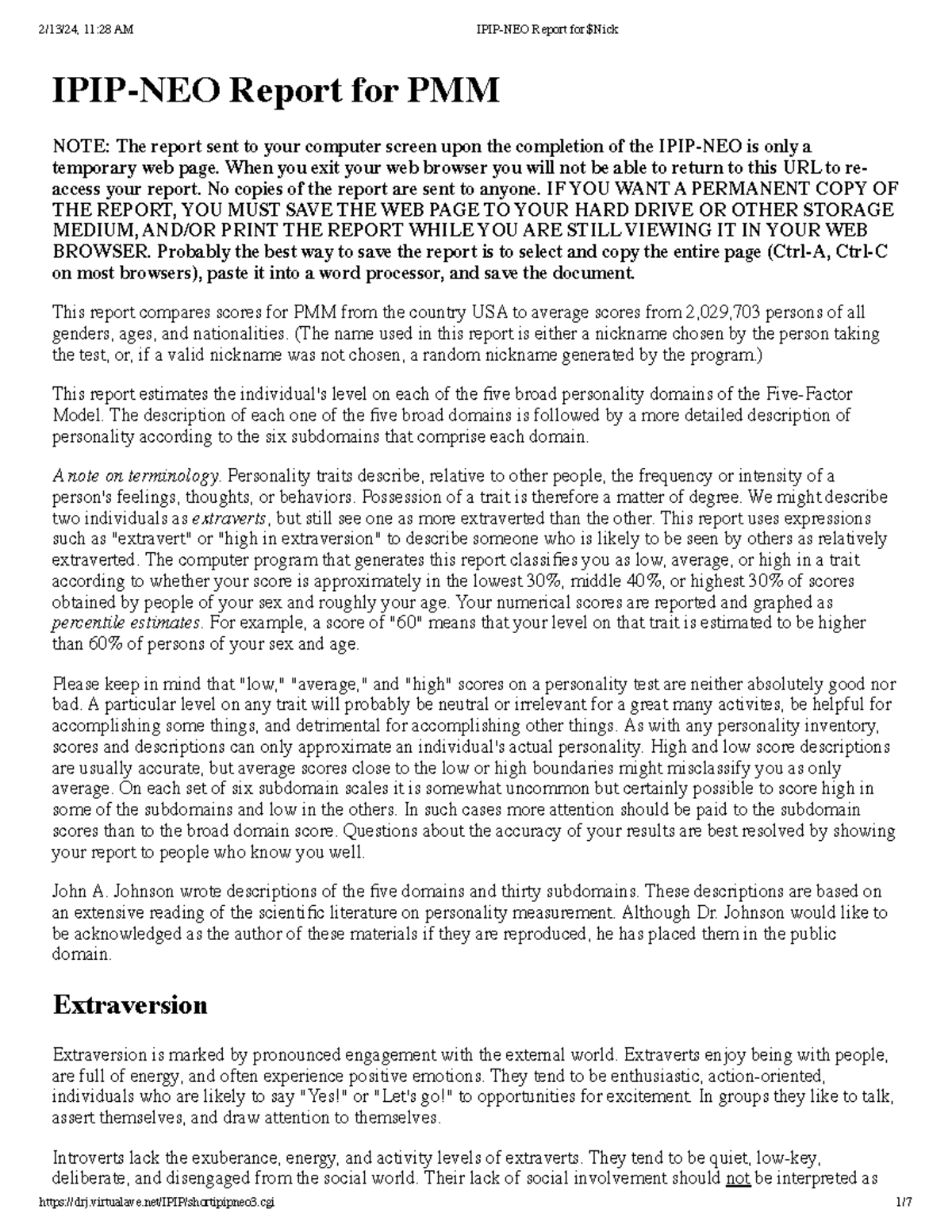 Ipip Neo Report Conducted Ipip Test To Gain Better Understanding Of Personality Ipip Neo
