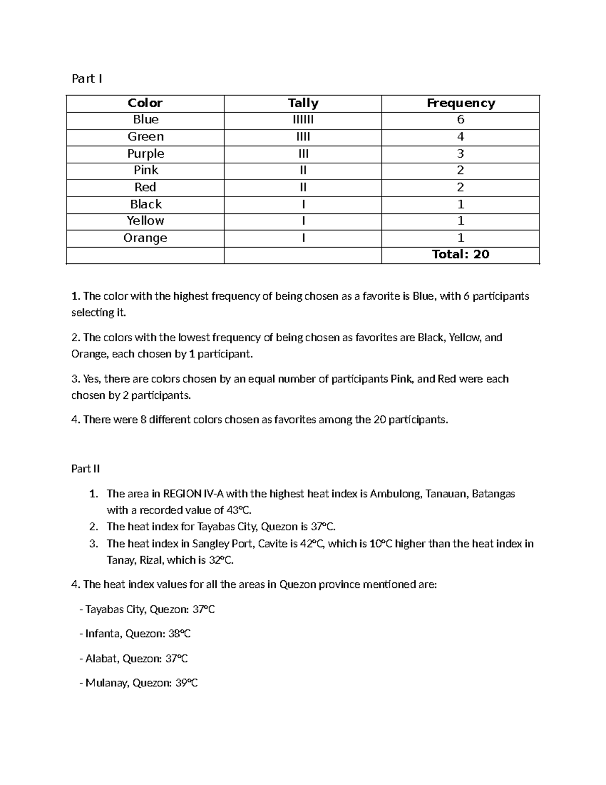 Answer key graph - Part I Color Tally Frequency Blue IIIIII 6 Green ...