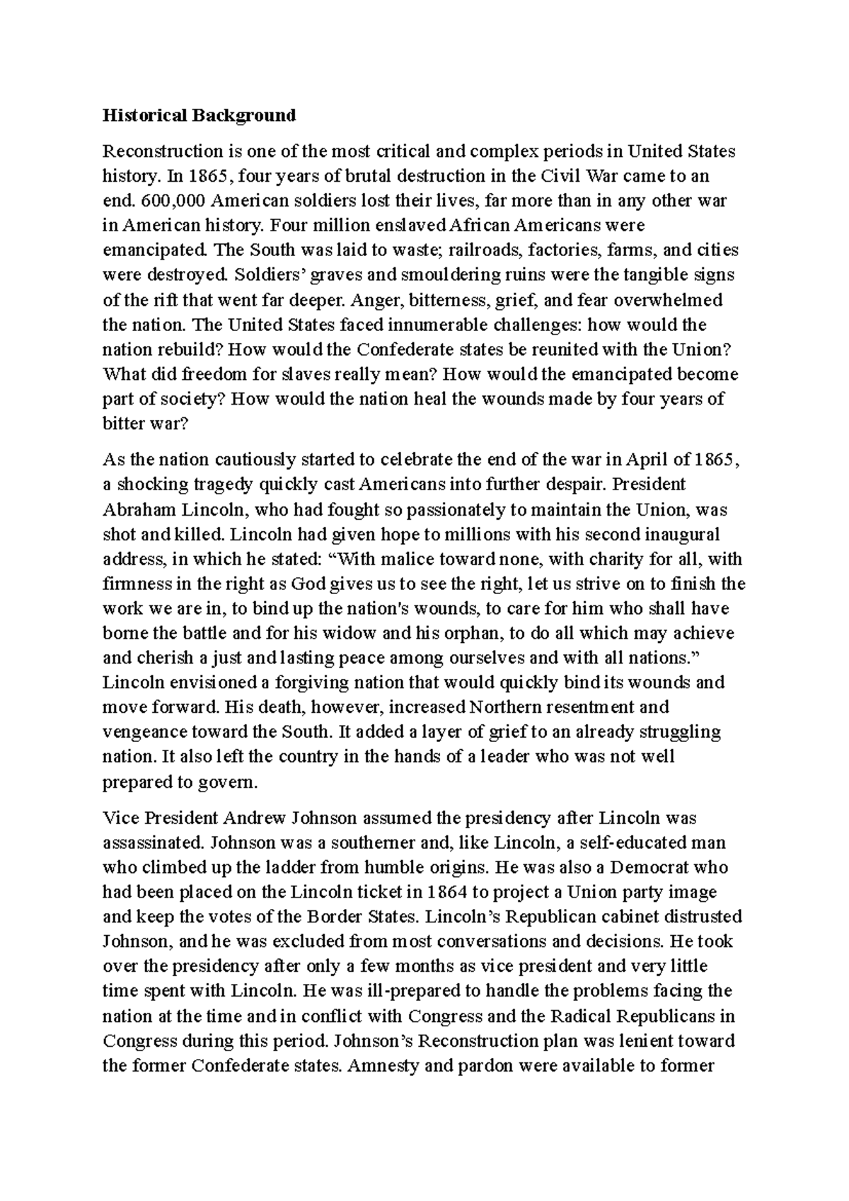 Recostruction OF USA - essay on the reconstruction of USA - Historical ...