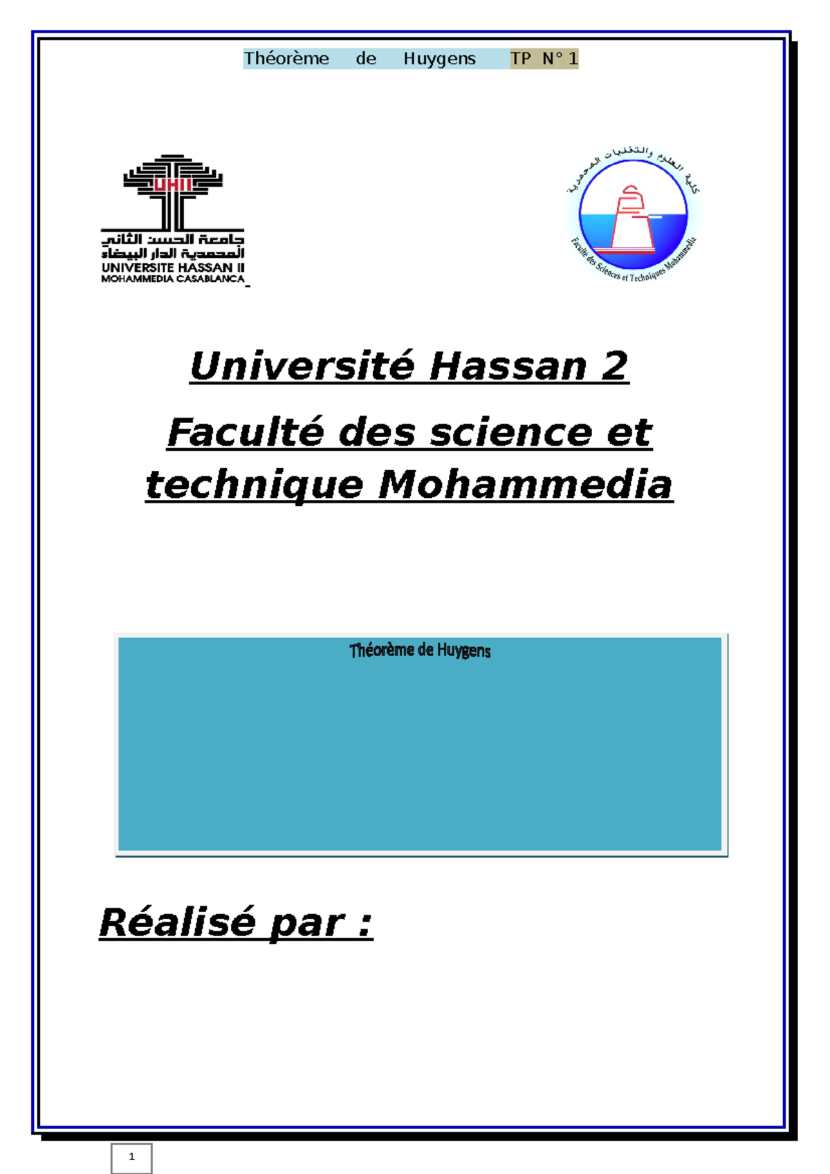 Theorme DE Huygens ( Original) - Université Hassan 2 Faculté des science et technique Mohammedia ...