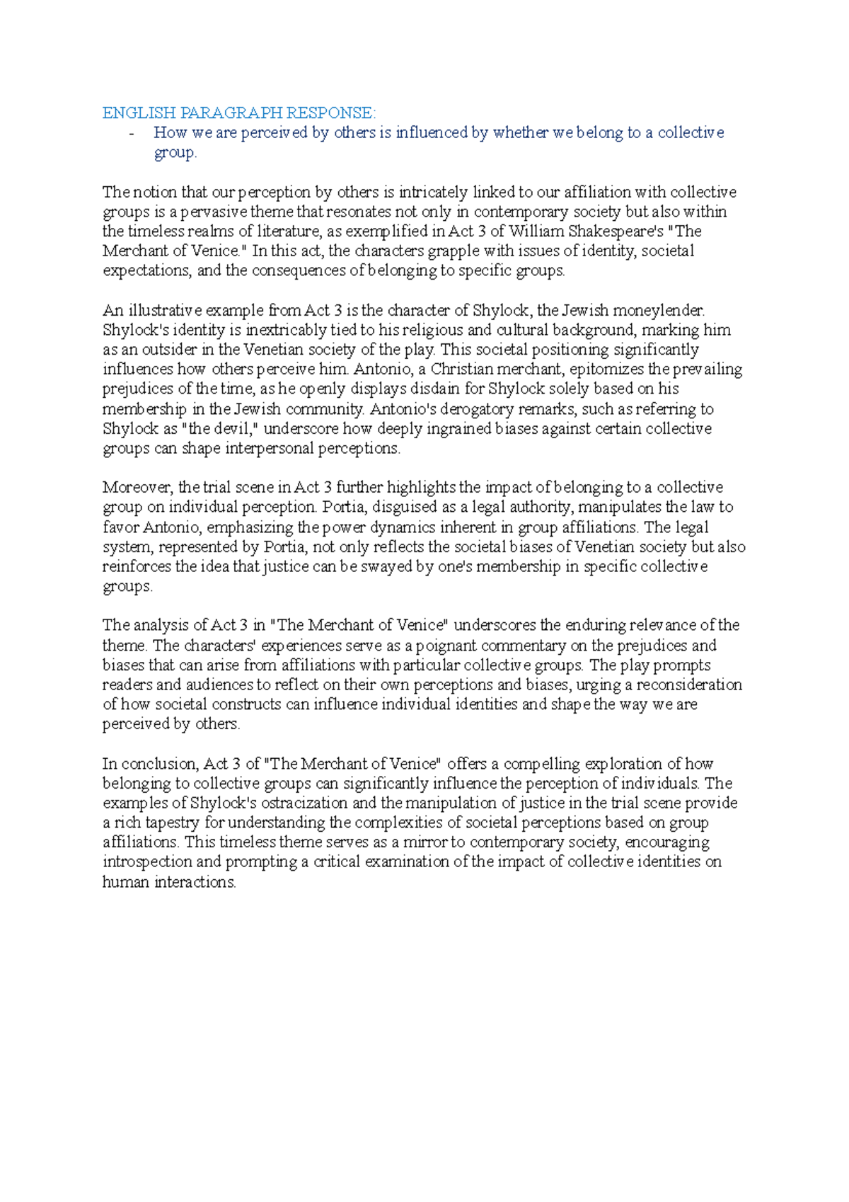 English Paragraph Response - ENGLISH PARAGRAPH RESPONSE: How we are ...