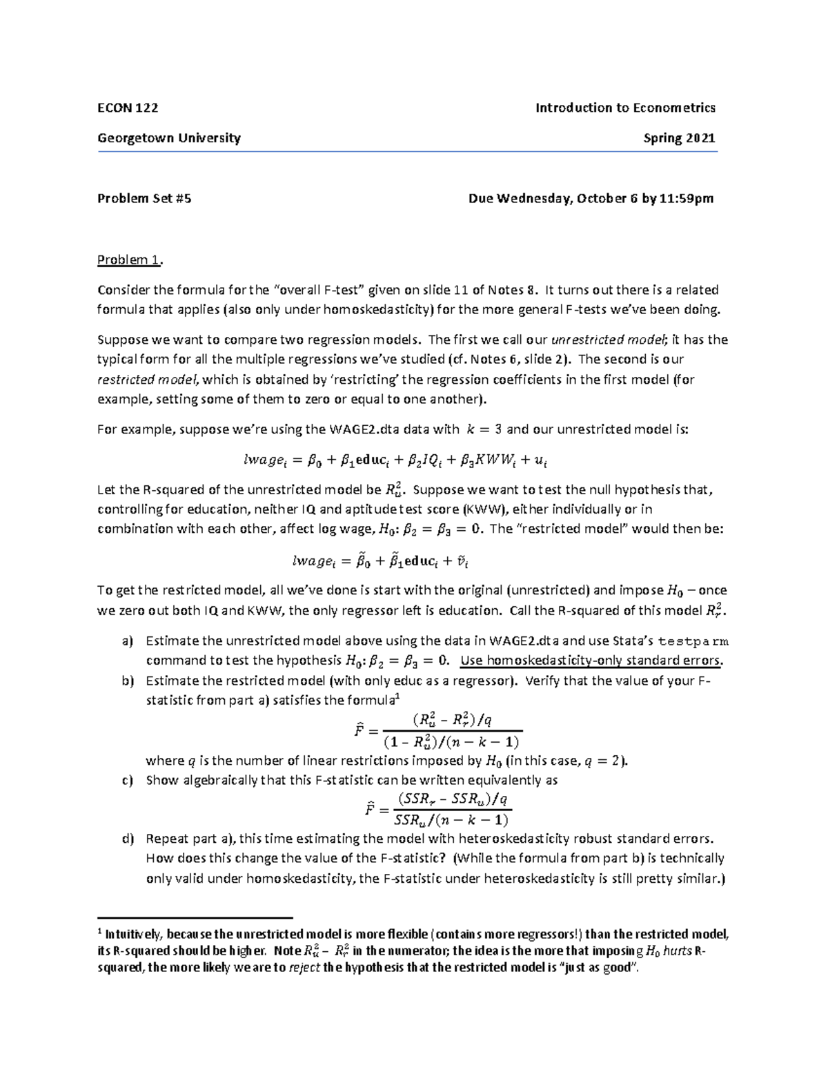 Homework 5 Fall semester - ECON 122 Introduction to Econometrics Georgetown University Spring ...