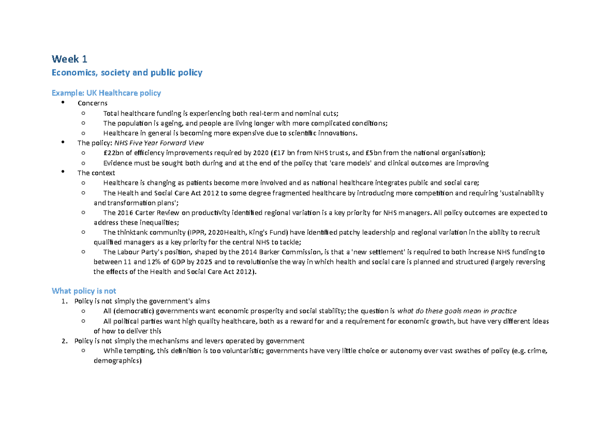 Economic policy - Lecture notes 1-4 - Week 1 Economics, society and ...