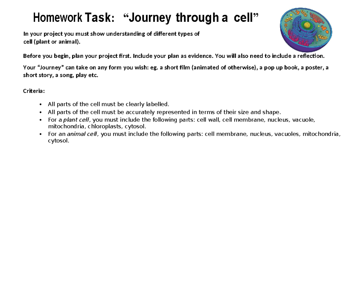 Year 8 cell project rubric - Homework Task: “Journey through a cell” In ...
