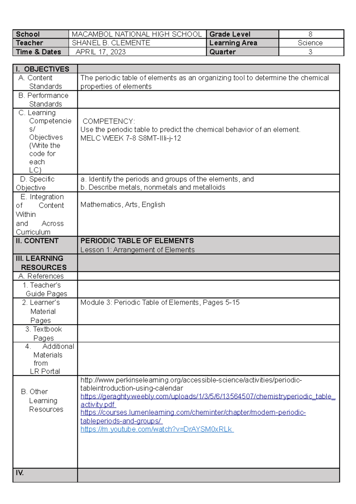 lesson log science 8 - School MACAMBOL NATIONAL HIGH SCHOOL Grade Level ...