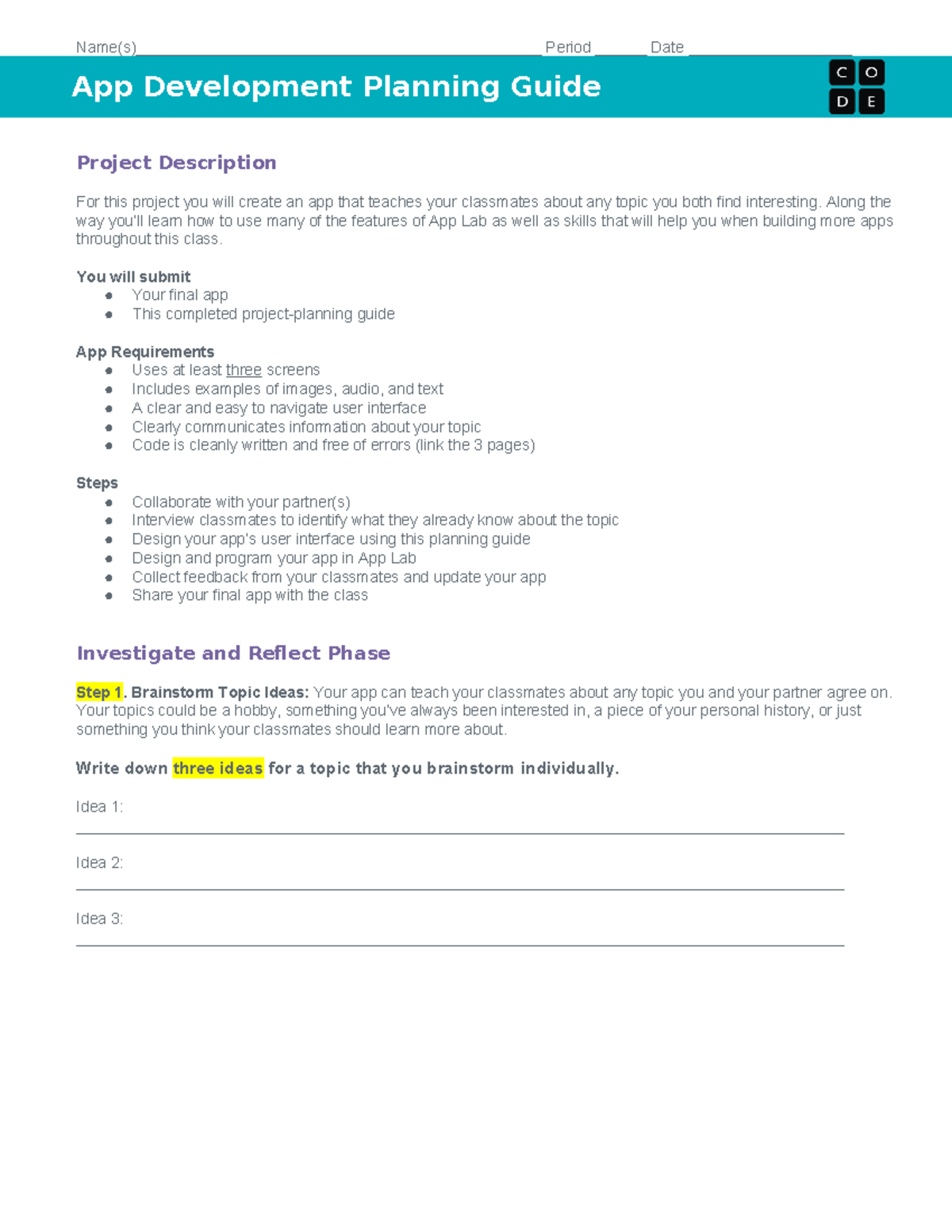 CSP Unit 3 App Development Planning Worksheet-1 - - Studocu