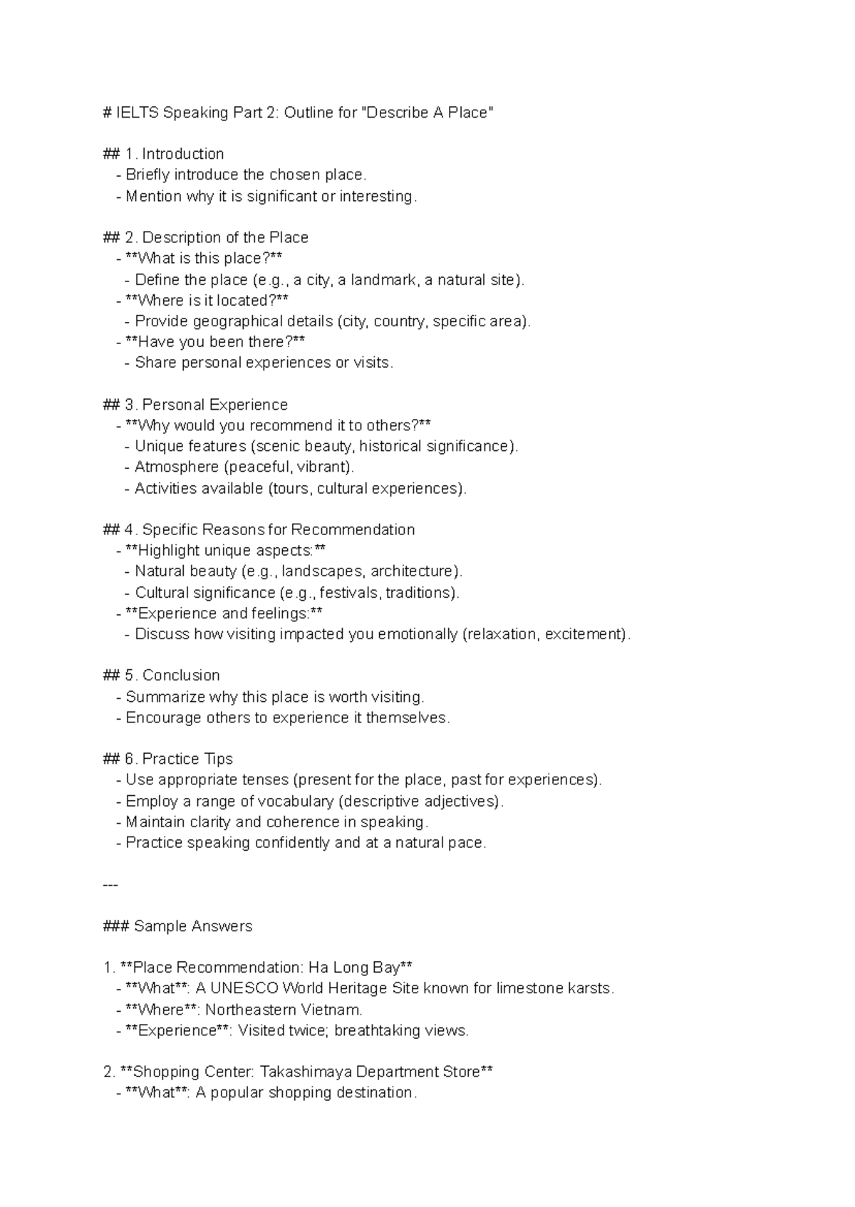 Topics Ielts Speaking Part 2 Outline for Describe A Place - IELTS ...