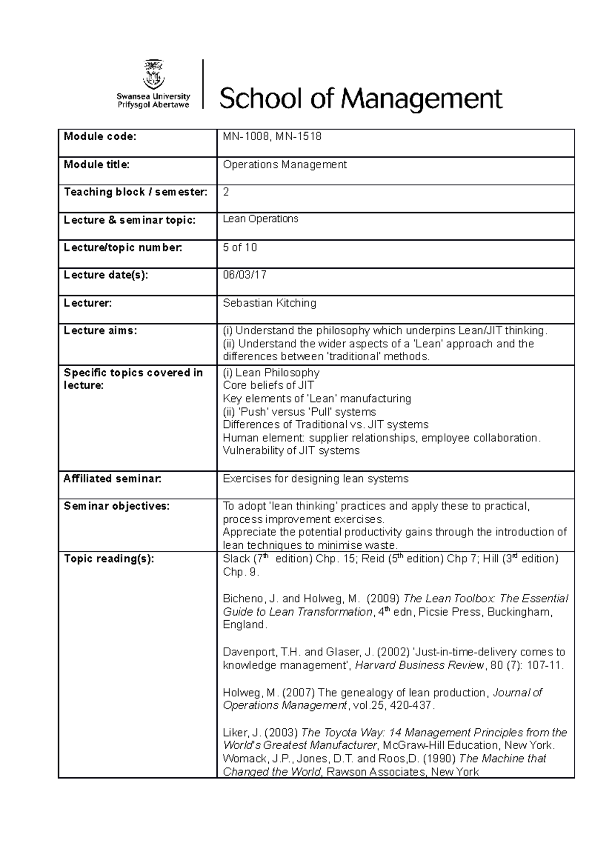 MN-1008, MN-1518 (5) Lecture and seminar planner - Module code: MN-1008 ...