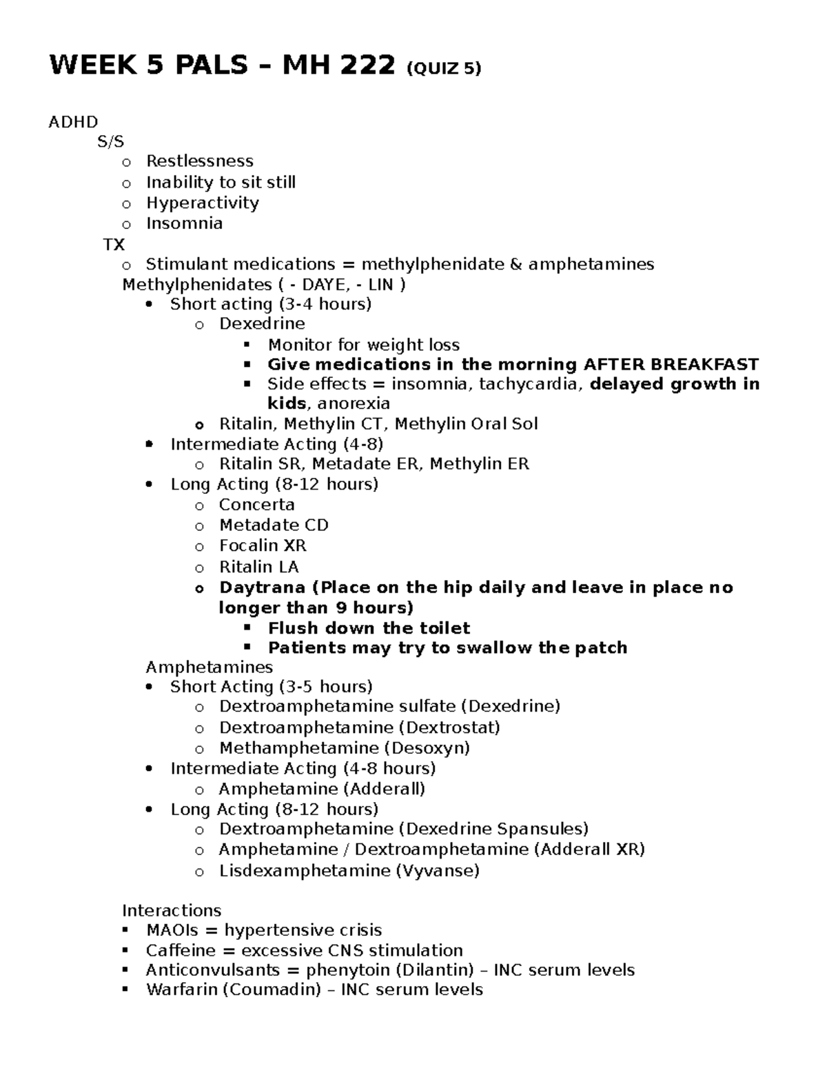 MH 222 WEEK 5 PALS- (sat) - WEEK 5 PALS – MH 222 (QUIZ 5) ADHD S/S o ...
