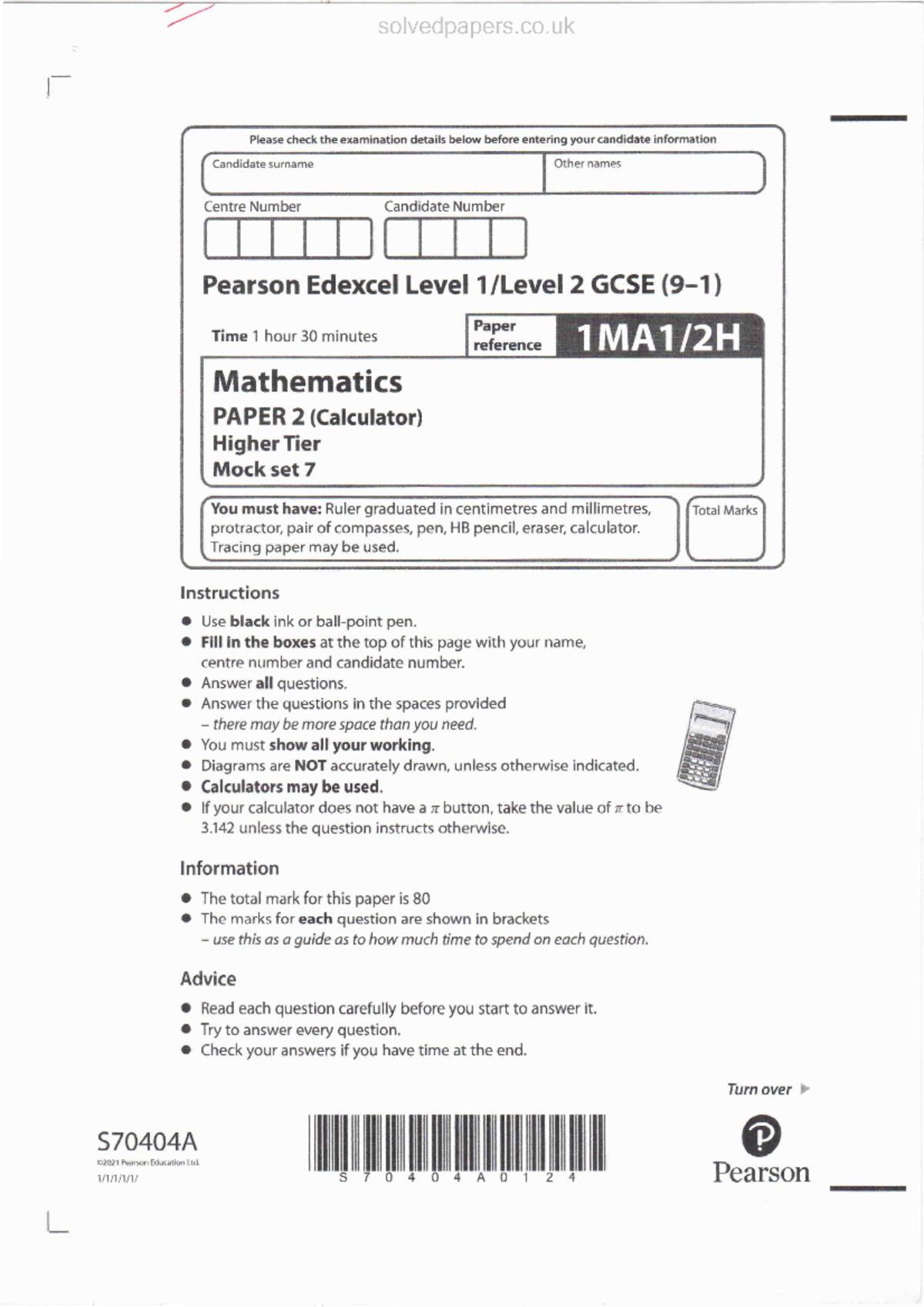GCSE Maths mock Set 7 2022 P2H solved - Studocu
